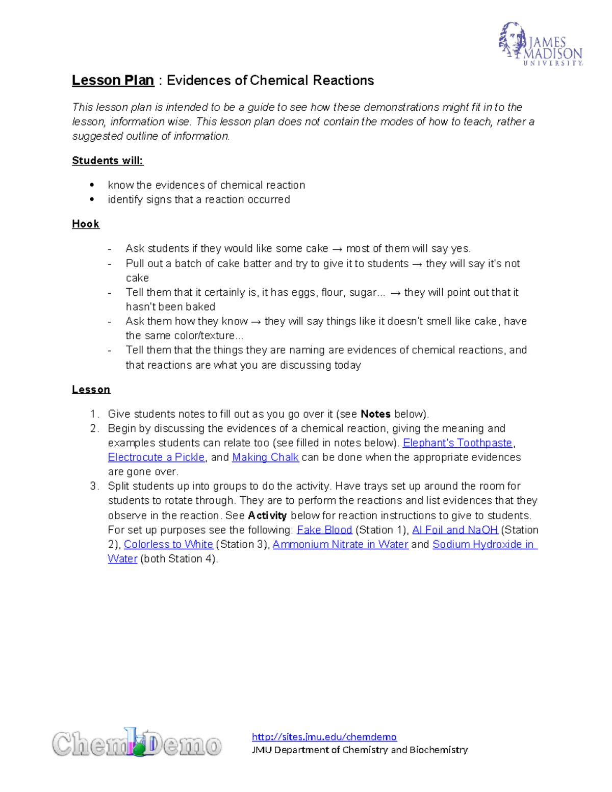 Evidences of Chemical Reactions - Lesson Plan (Chem 101) - Studocu