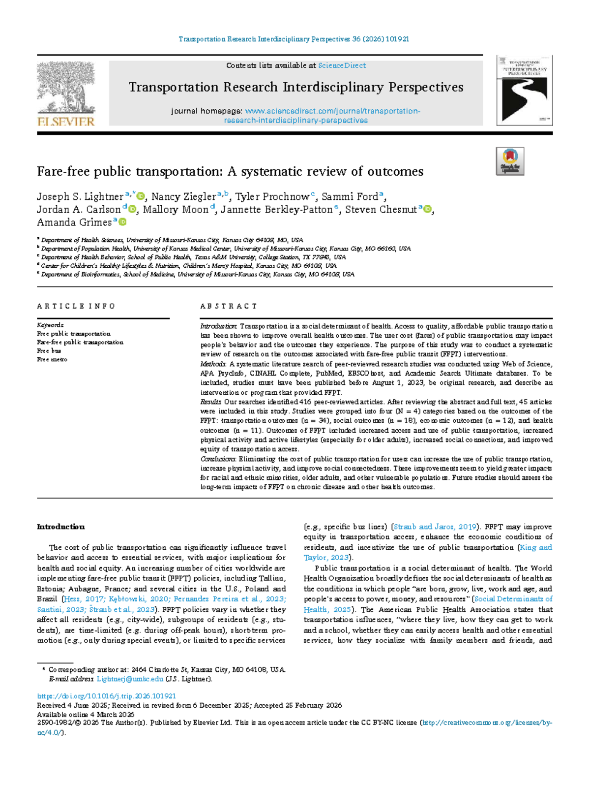 Systematic Review of Free Public Transportation Outcomes (TRIP 36 ...