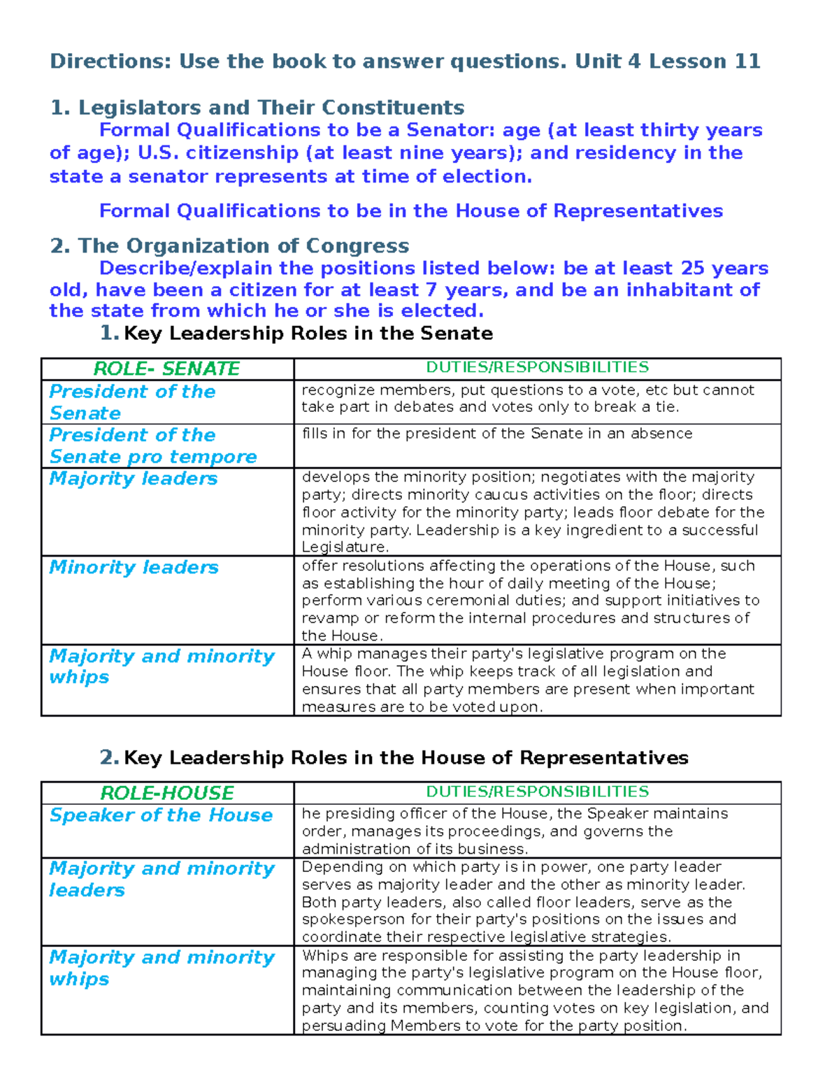 Unit 4 Lesson 11: Understanding Congress and Its Leadership Roles - Studocu