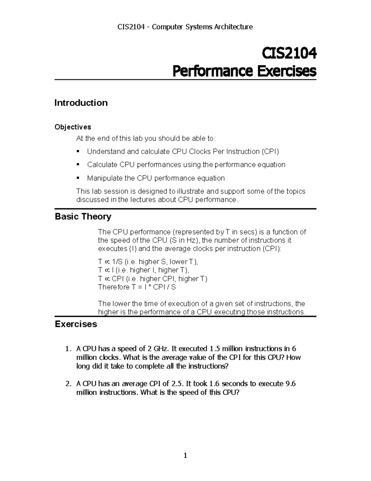 CPU Performance Exercises - CIS2104 - Computer Systems Architecture ...