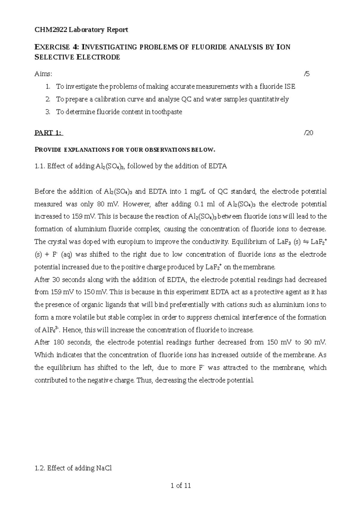 Ex7 example Profoma - Chemistry lab report for Ex 7 - CHM2922 ...
