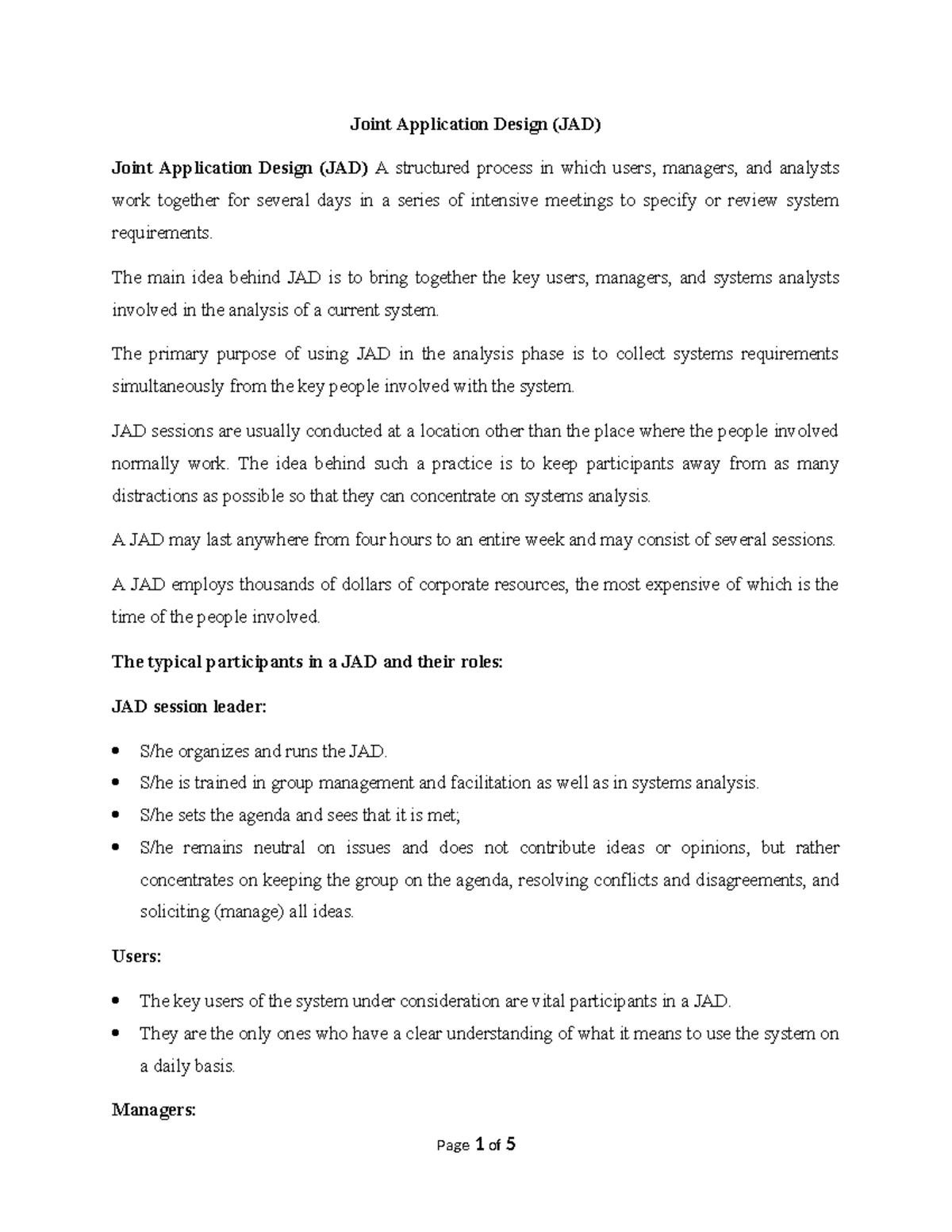 Week 7 - Joint Application Design (JAD) - Joint Application Design (JAD ...