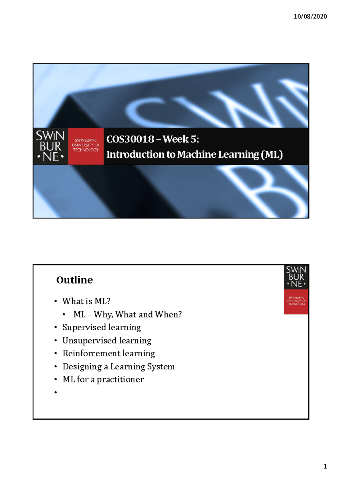 COS30018 Lecture 9: Introduction to Machine Learning Overview - Studocu