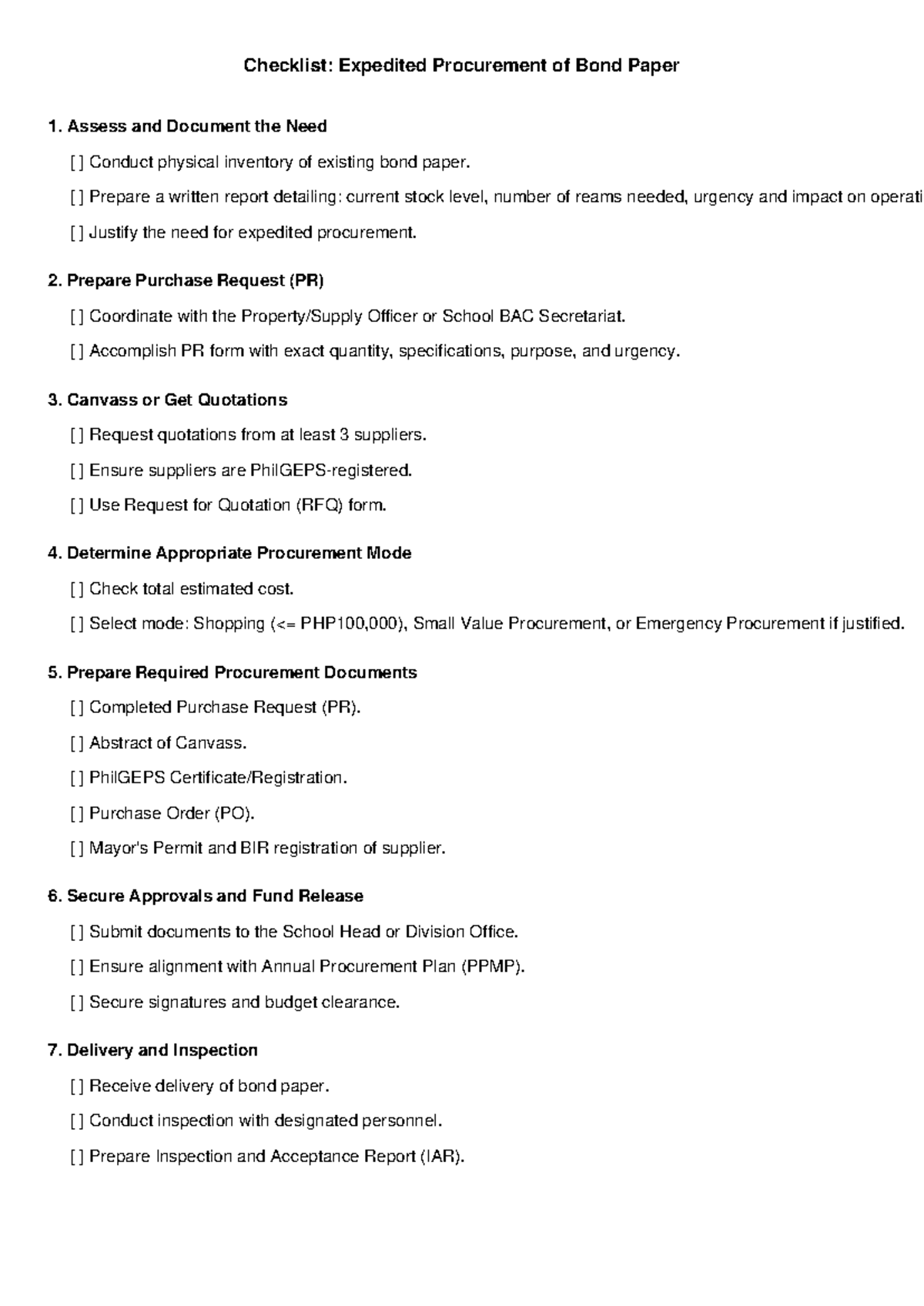 Checklist: Expedited Procurement of Bond Paper Process - Studocu