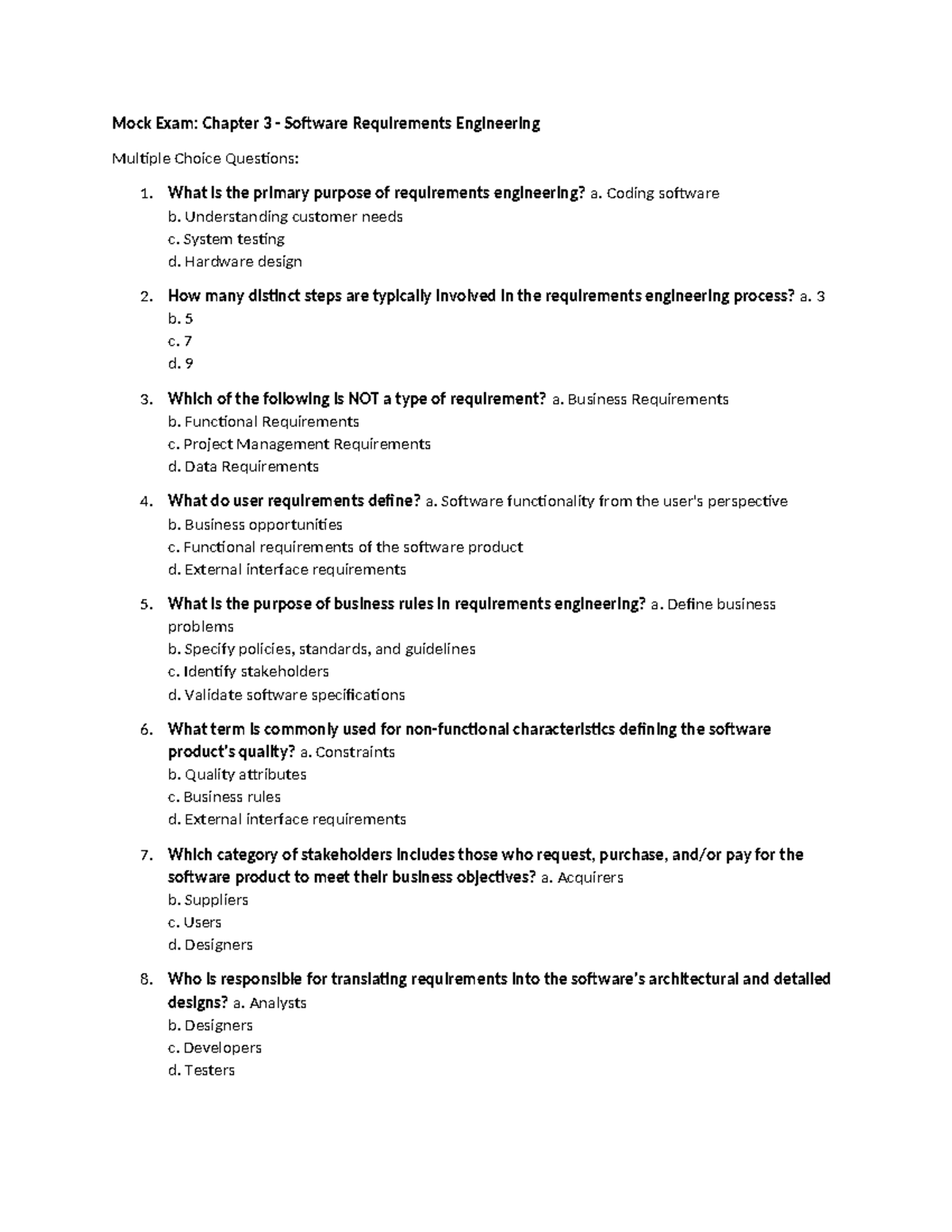 Mock Exam 1: Software Requirements Engineering Qs from Chapter 3 - Studocu