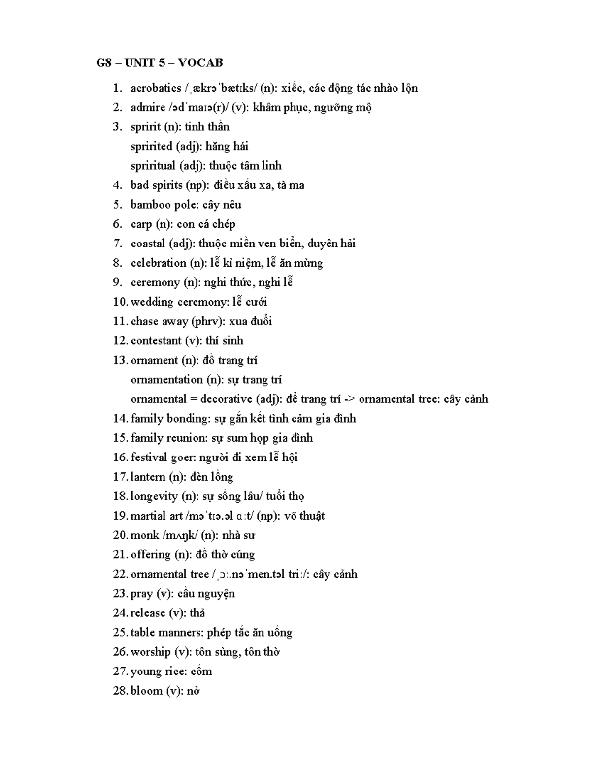 G8 UNIT 5 Vocabulary List - Global Success 8 - Studocu