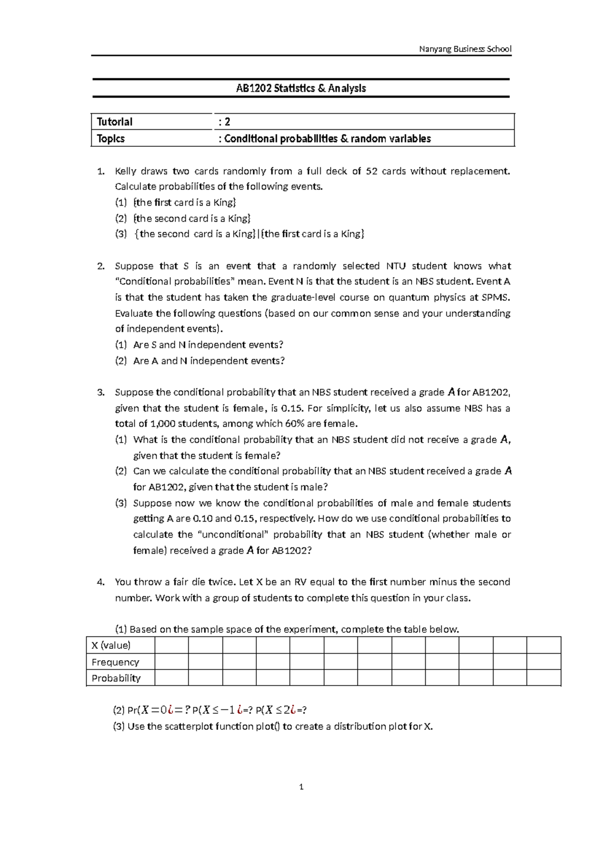 AB1202 Statistics Analysis Tutorial: Conditional Probabilities & Random ...
