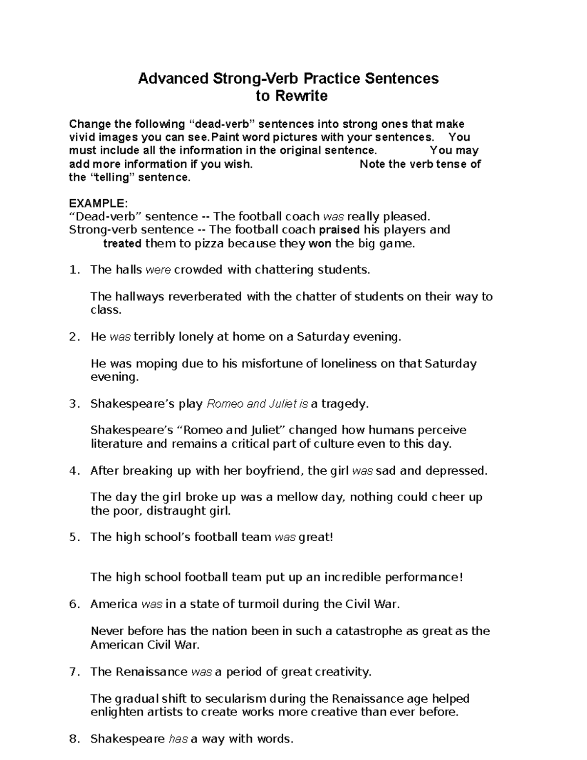 Strong Verb Practice - Essay on Enhancing Sentence Imagery - Studocu