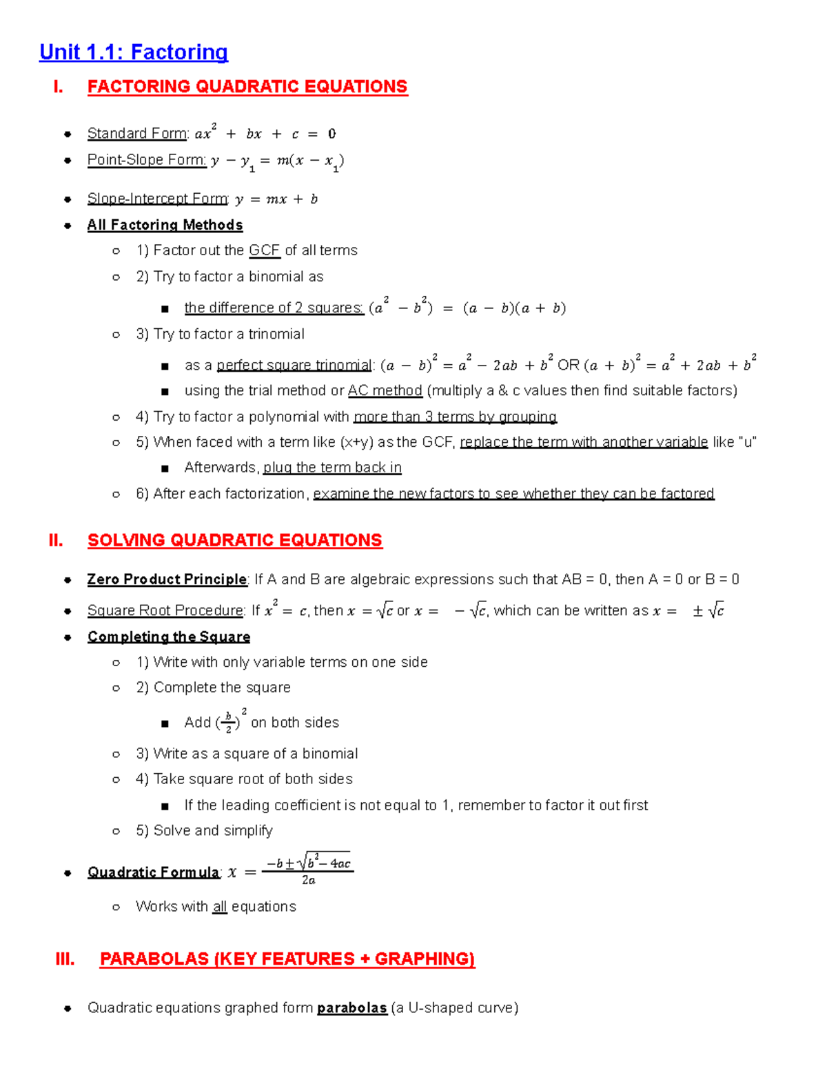 Algebra 2 Study Guide (Semester 1): Factoring & Quadratic Equations ...