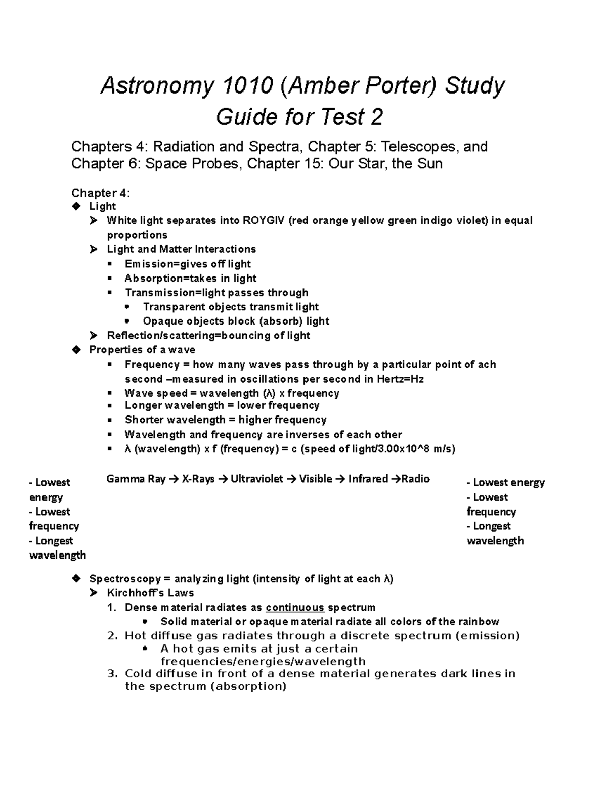 Astronomy 1010 Study Guide for Test 2: Key Concepts & Chapters Overview ...