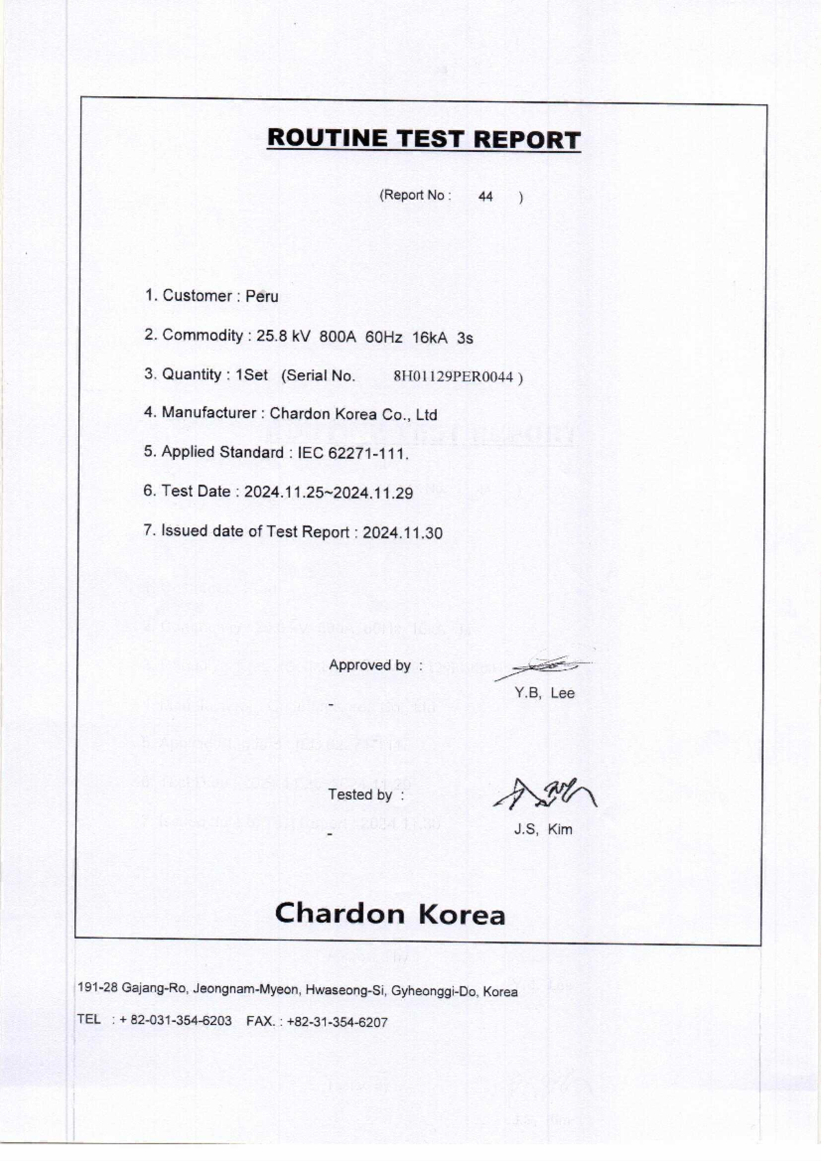 ROUTINE TEST REPORT No. 44 for 25.8 kV Recloser - Chardon Korea - Studocu