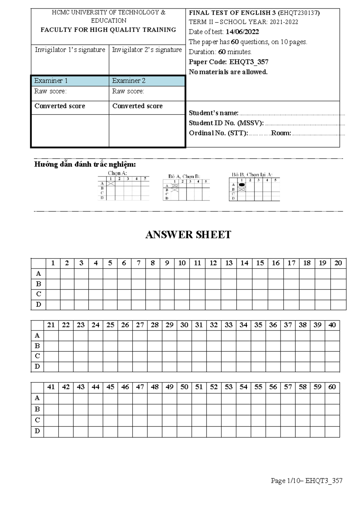 FINAL TEST OF ENGLISH 3 (EHQT230137) - TERM II 2022 - Studocu