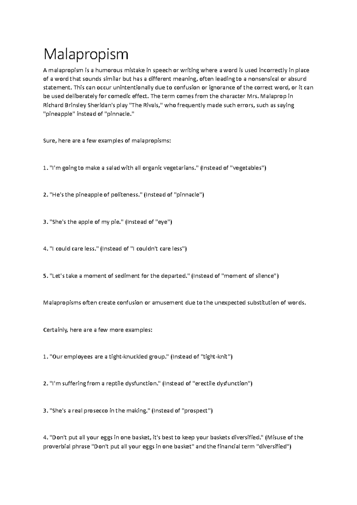 Grade 11 Malapropisms: Understanding Humorous Language Errors - Studocu