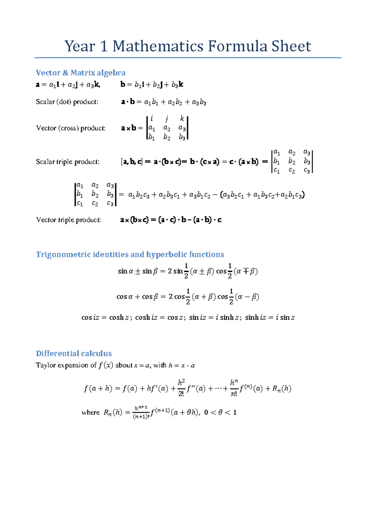 Year 1 Math Formula Sheet: Vectors, Trig Identities & Calculus - Studocu