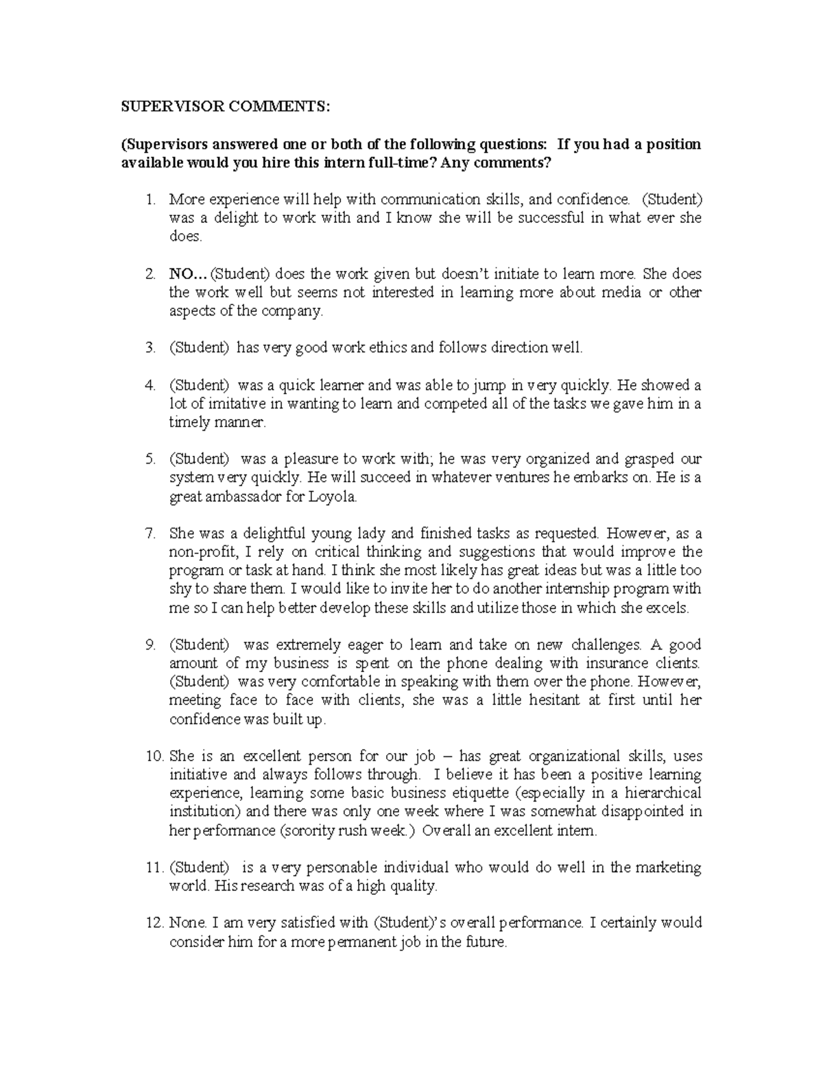 Internship Supervisor Comments - Feedback Overview 2009 - Studocu