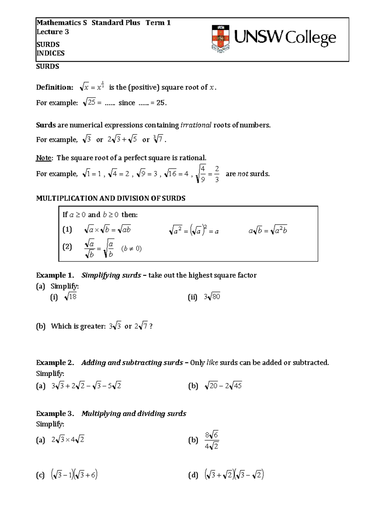 Mathematics S Standard Plus Term 1 Lecture 3: Surds & Indices - Studocu