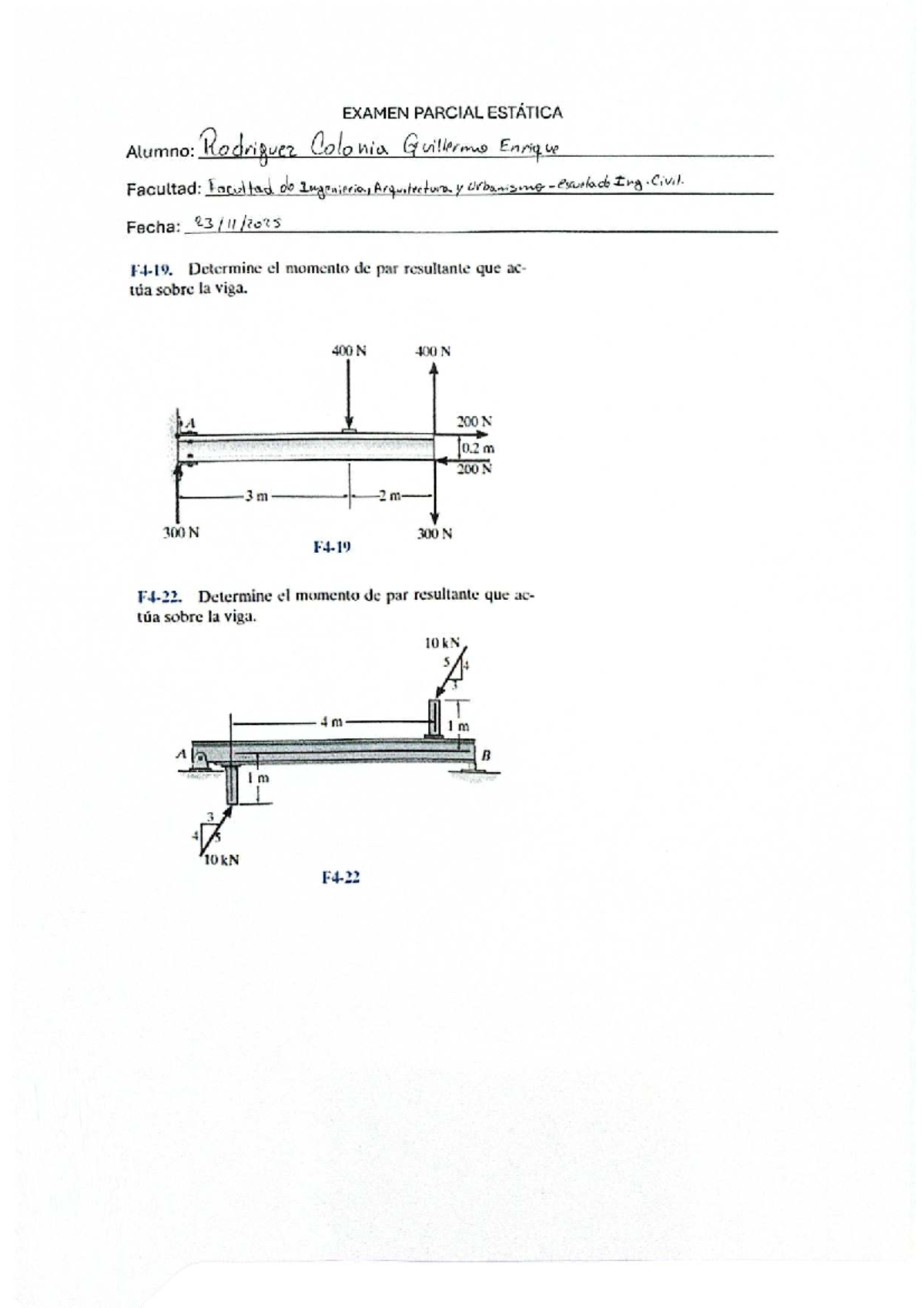 Examen Parcial de Estática FIS-101: Cálculo de Momentos y Fuerzas - Studocu