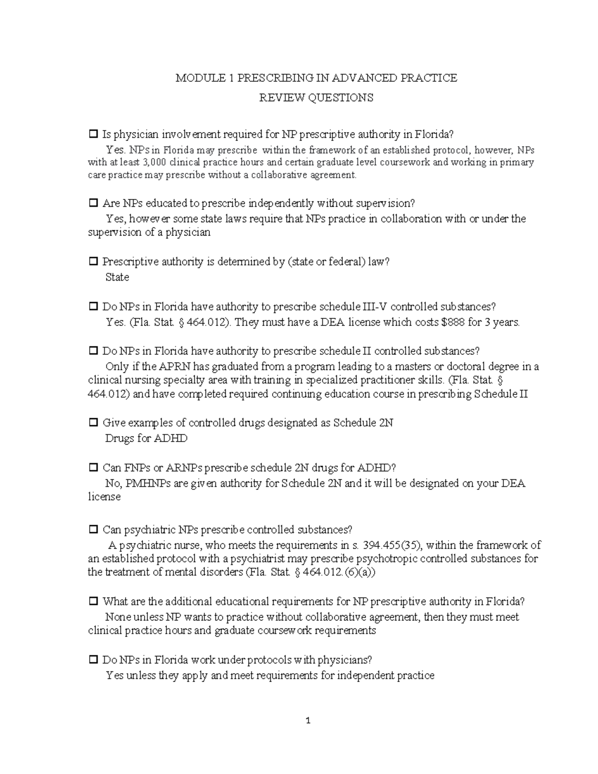 Module 1: Prescribing in Advanced Practice - Review Qs on NP Authority ...