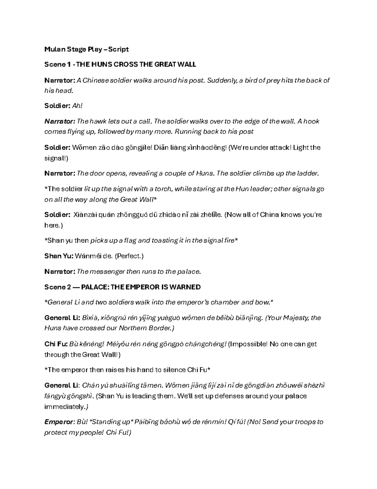 Mulan Stage Play Script: Scenes 1-12 Overview and Analysis - Studocu