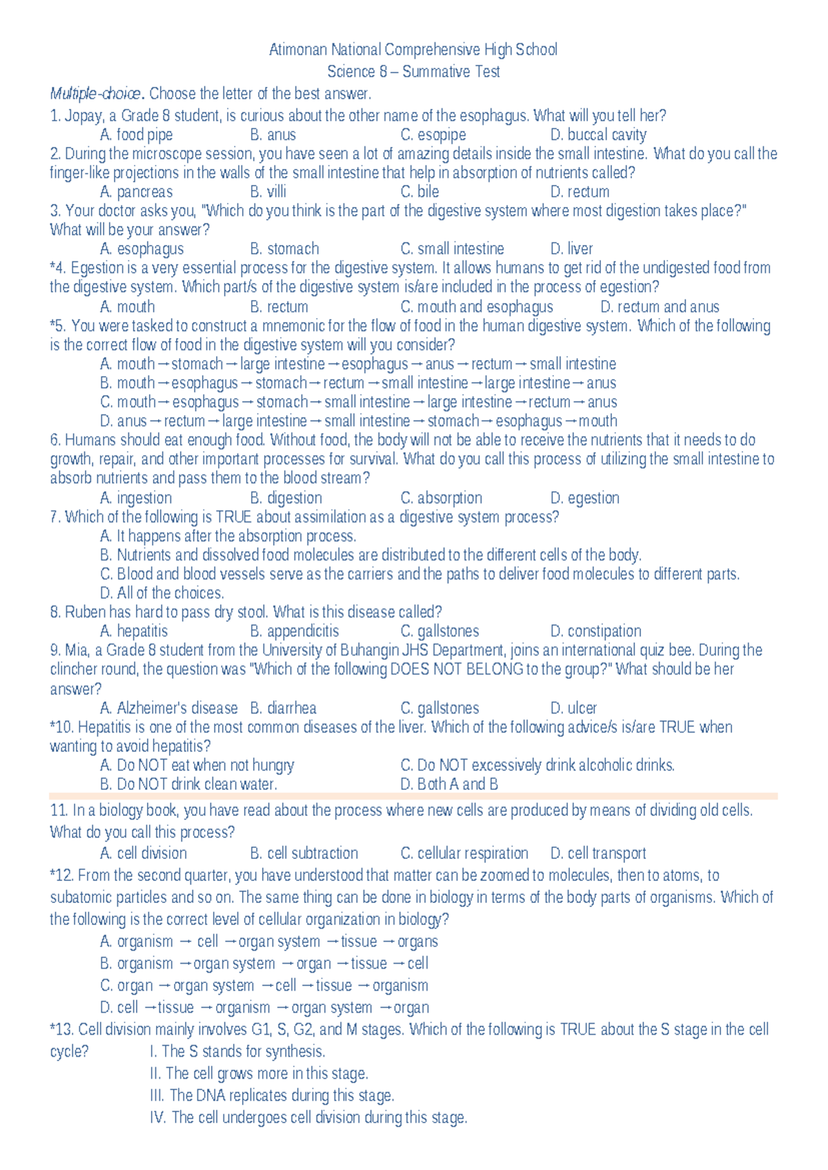 Science 8 Summative Test: Digestive System & Cell Division Concepts ...