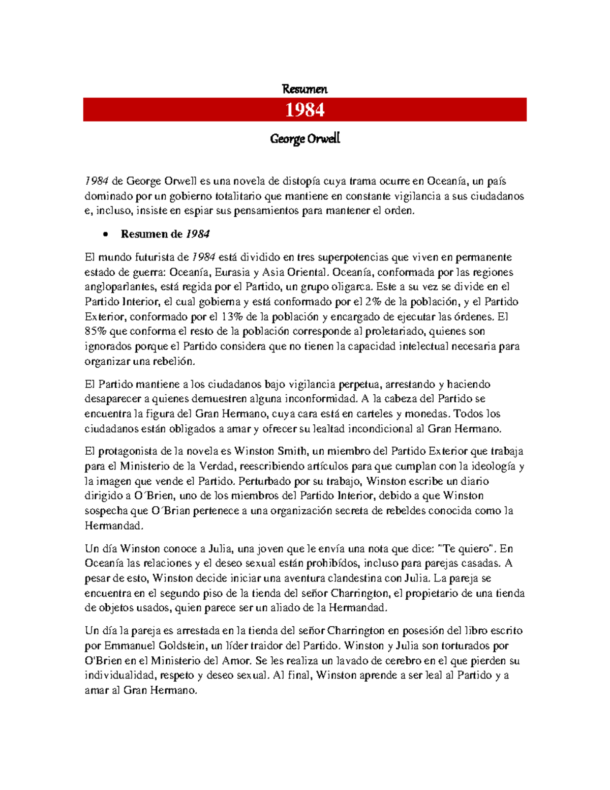 Resumen 1984 George Orwell - Resumen 1984 George Orwell 1984 de George ...