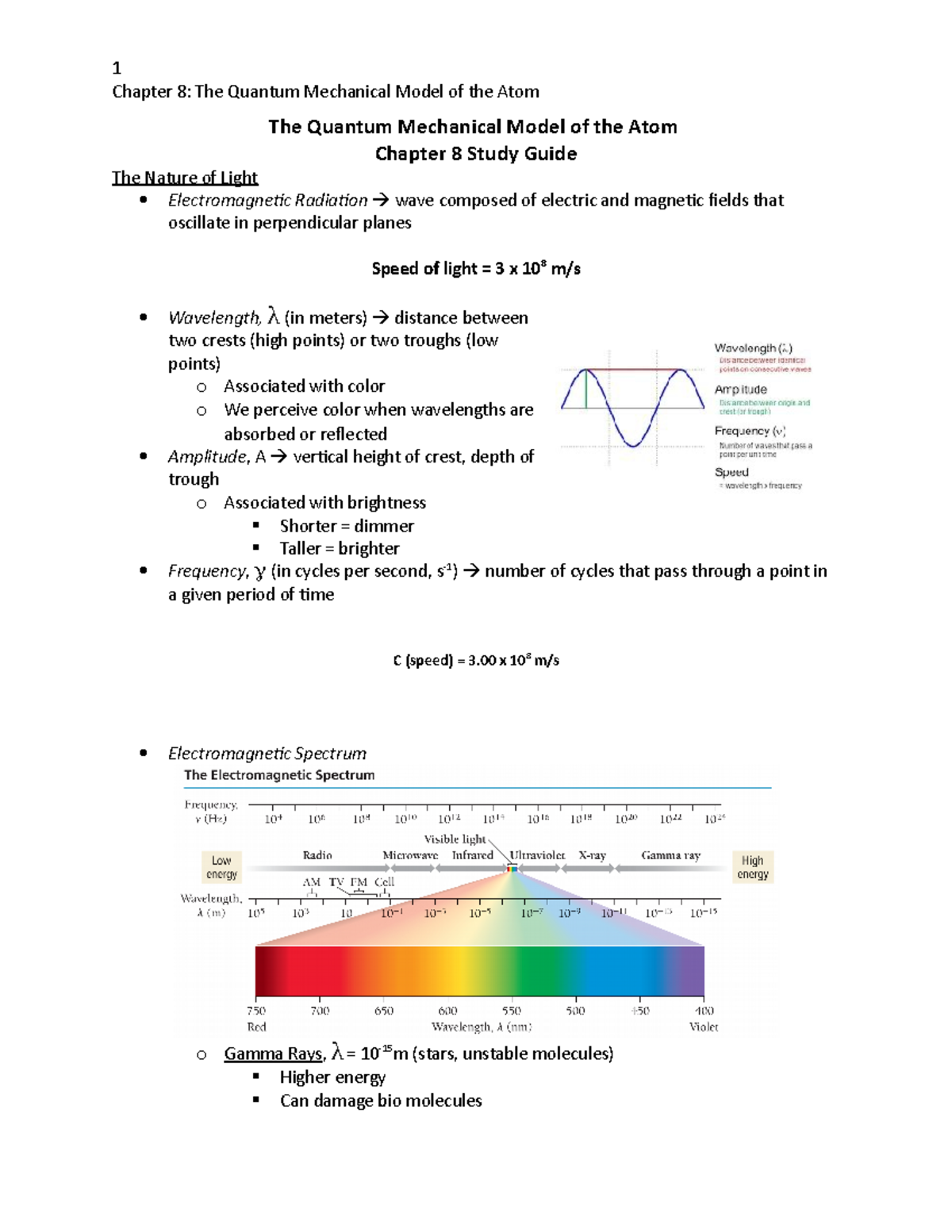 Gen Chem I - Chapter 8 Study Guide: Quantum Mechanical Model of Atom ...