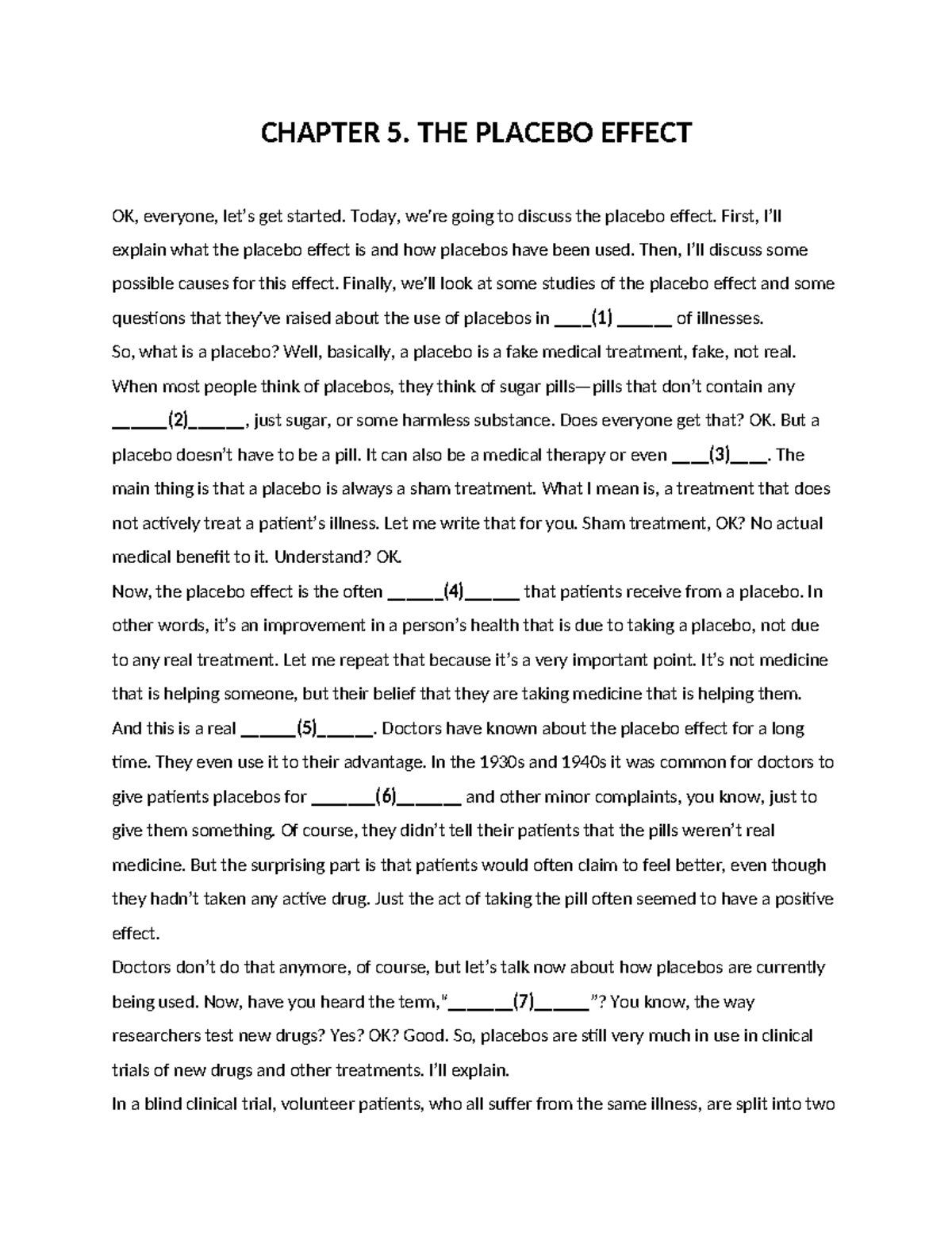 Chapter 5 - Hi hope this help - CHAPTER 5. THE PLACEBO EFFECT OK ...