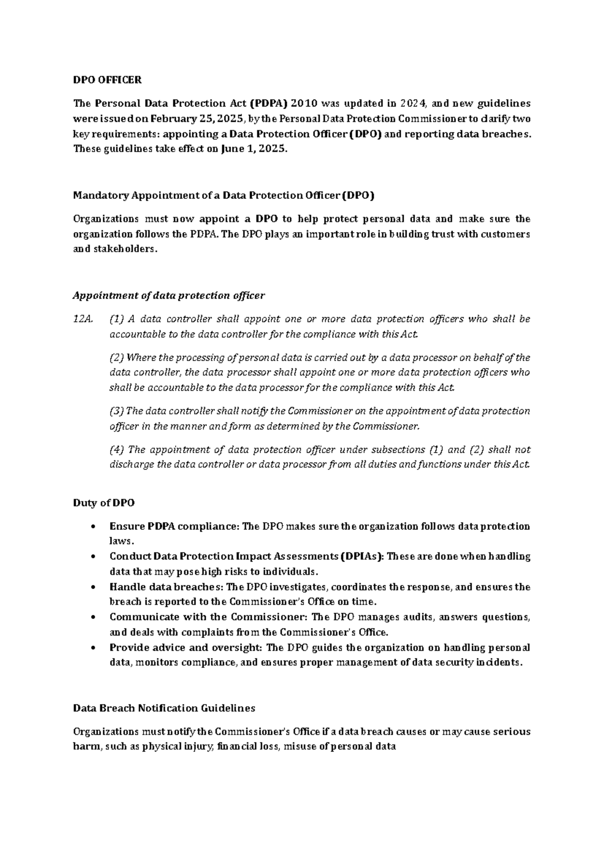 DPO Officer: Mandatory Requirements Under PDPA 2024 Guidelines - Studocu