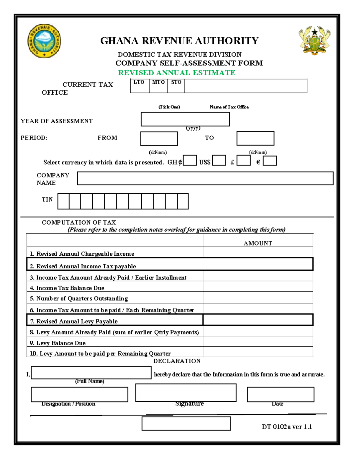 DT 0102a Revised Company Self-Assessment Tax Estimate Form - Studocu