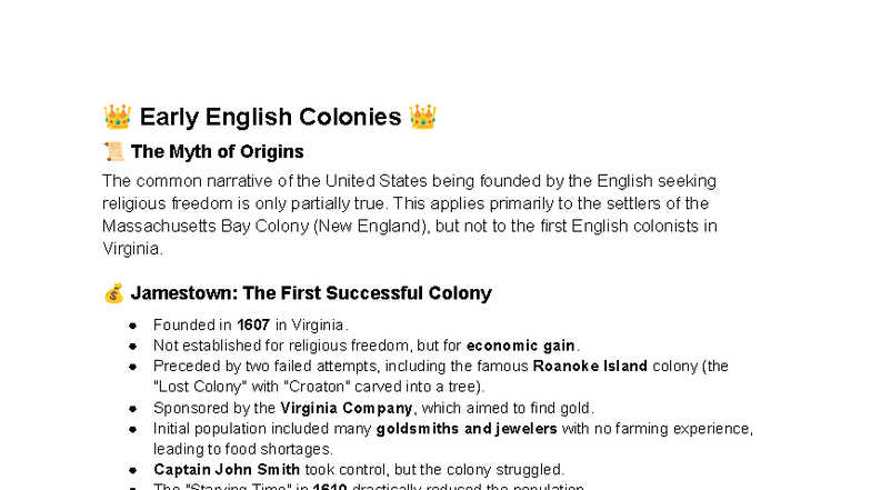 Early English Colonies: Myths and Realities of Settlement - Studocu