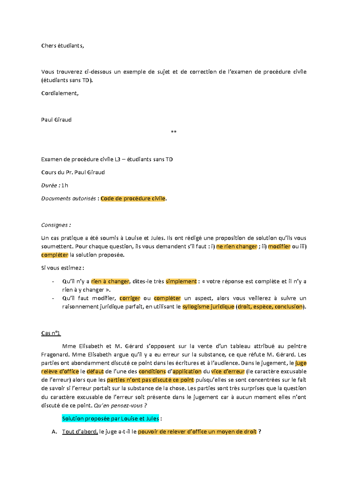 Examen de Procédure Civile L3 - Cas Pratique et Correction - Studocu