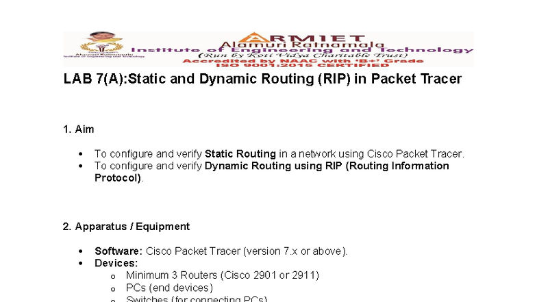 LAB 7(A): Static & Dynamic Routing (RIP) in Packet Tracer - Studocu