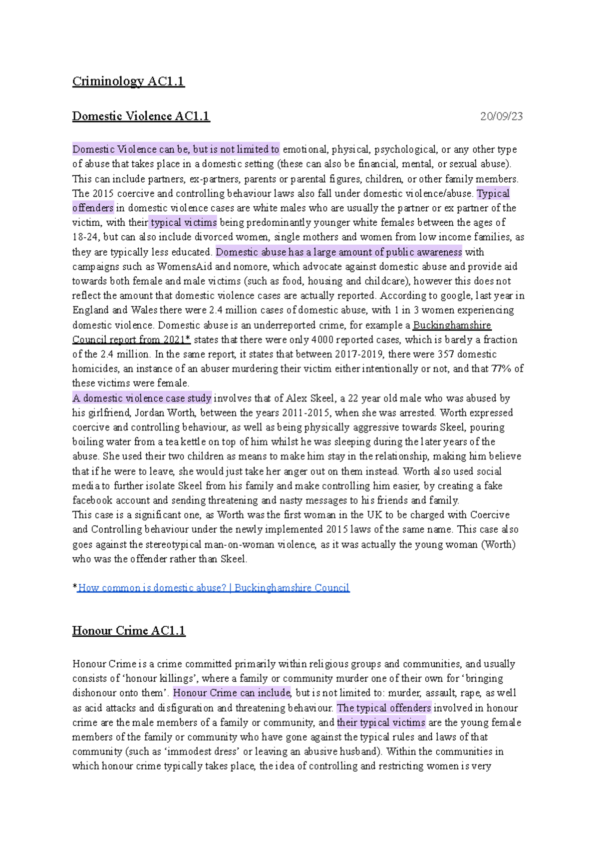 WJEC Criminology Unit 1 Domestic Violence & Honour Crime Overview - Studocu