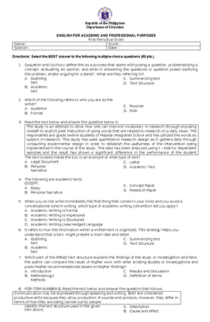 EAPP First Quarter Exam - First Quarter Examination English for ...