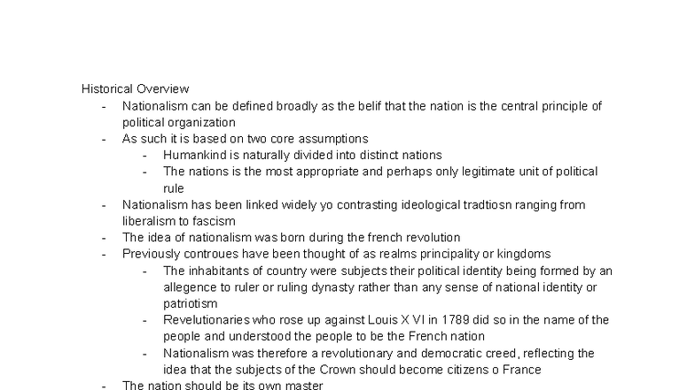 Nationalism Overview: Key Concepts and Historical Context - Notes - Studocu