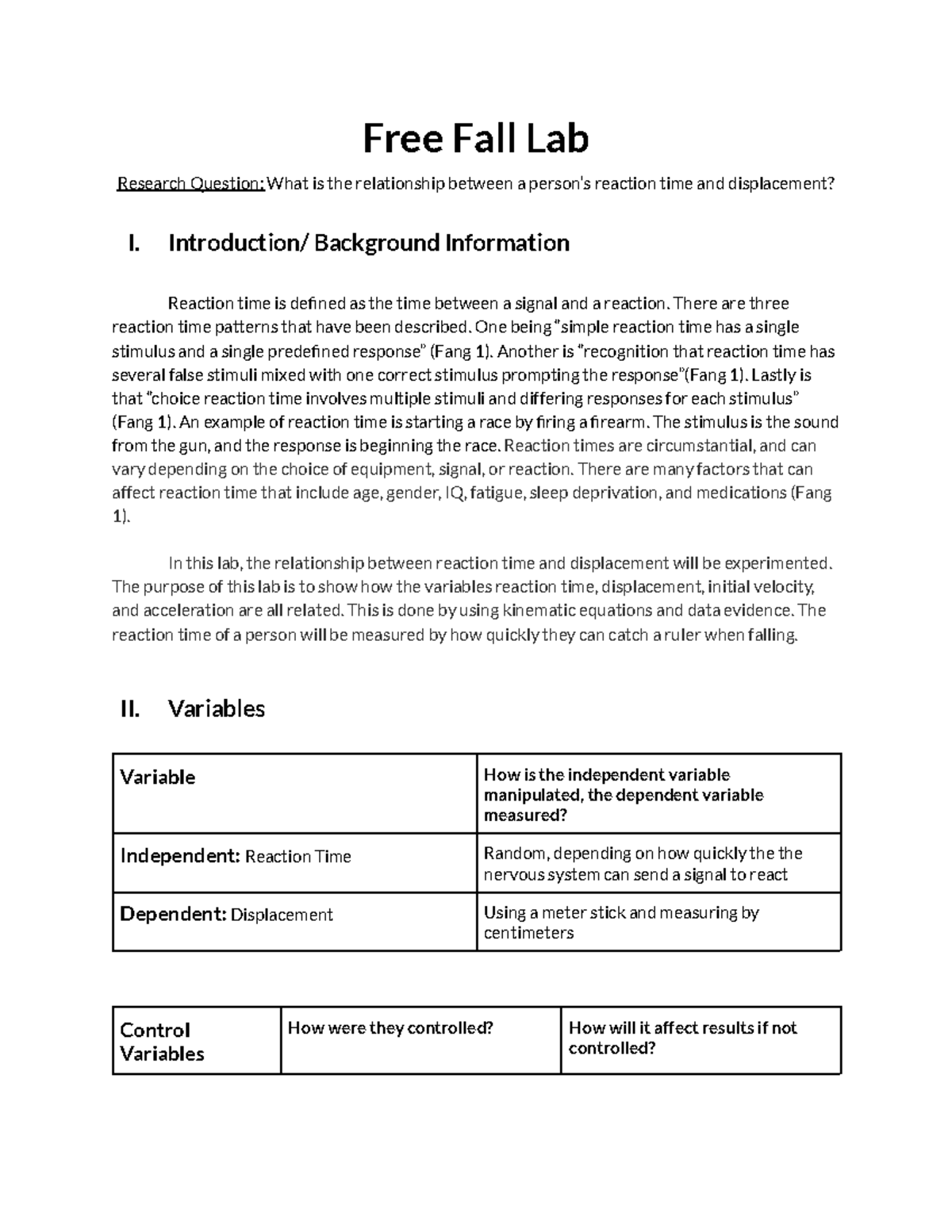 Free Fall Lab Report - Free Fall Lab Research Question: What is the ...