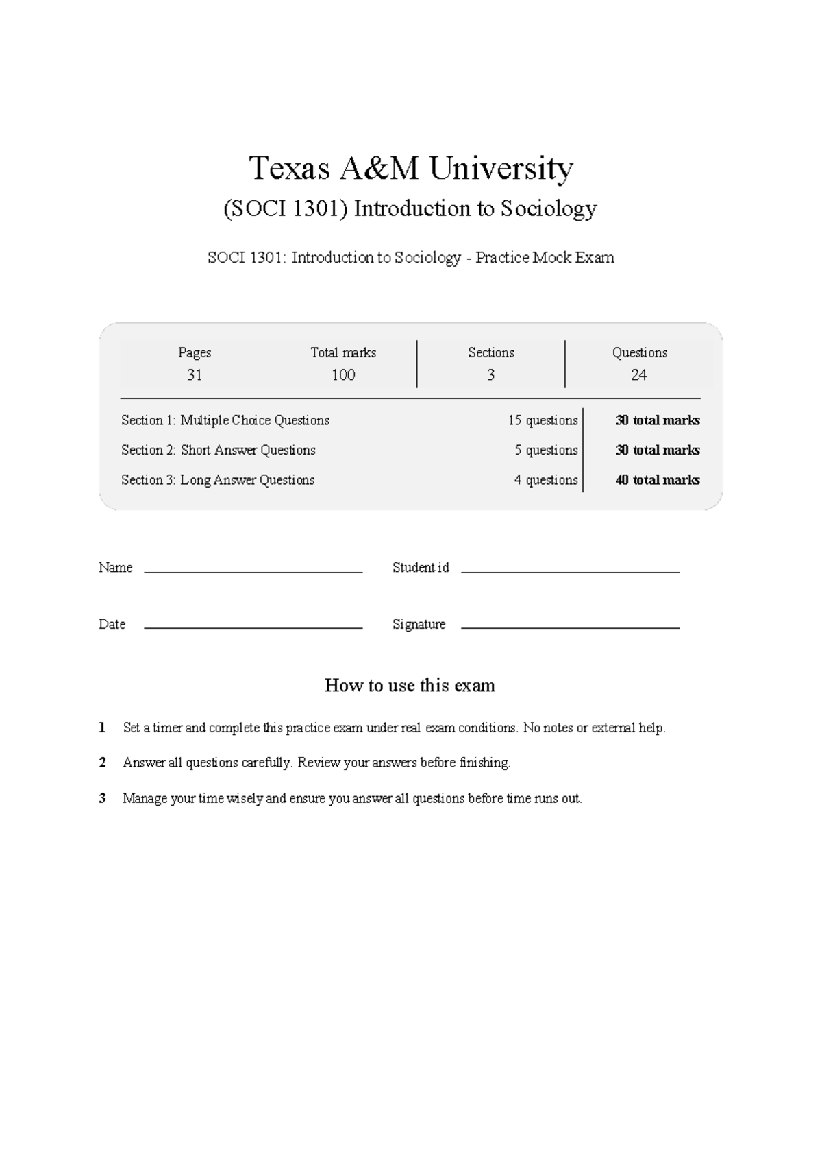 SOCI 1301: Introduction to Sociology Practice Mock Exam Guide - Studocu