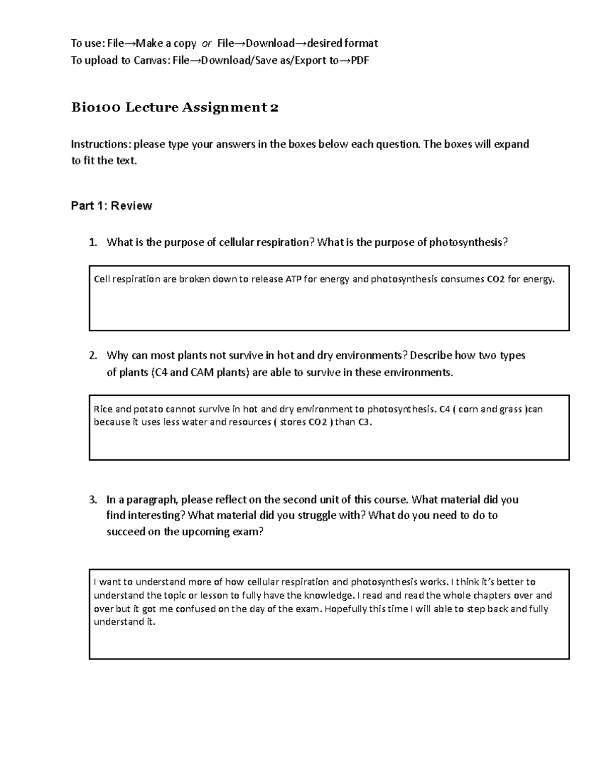 Bio100 Lecture Assignment 2: Cellular Respiration & Photosynthesis ...