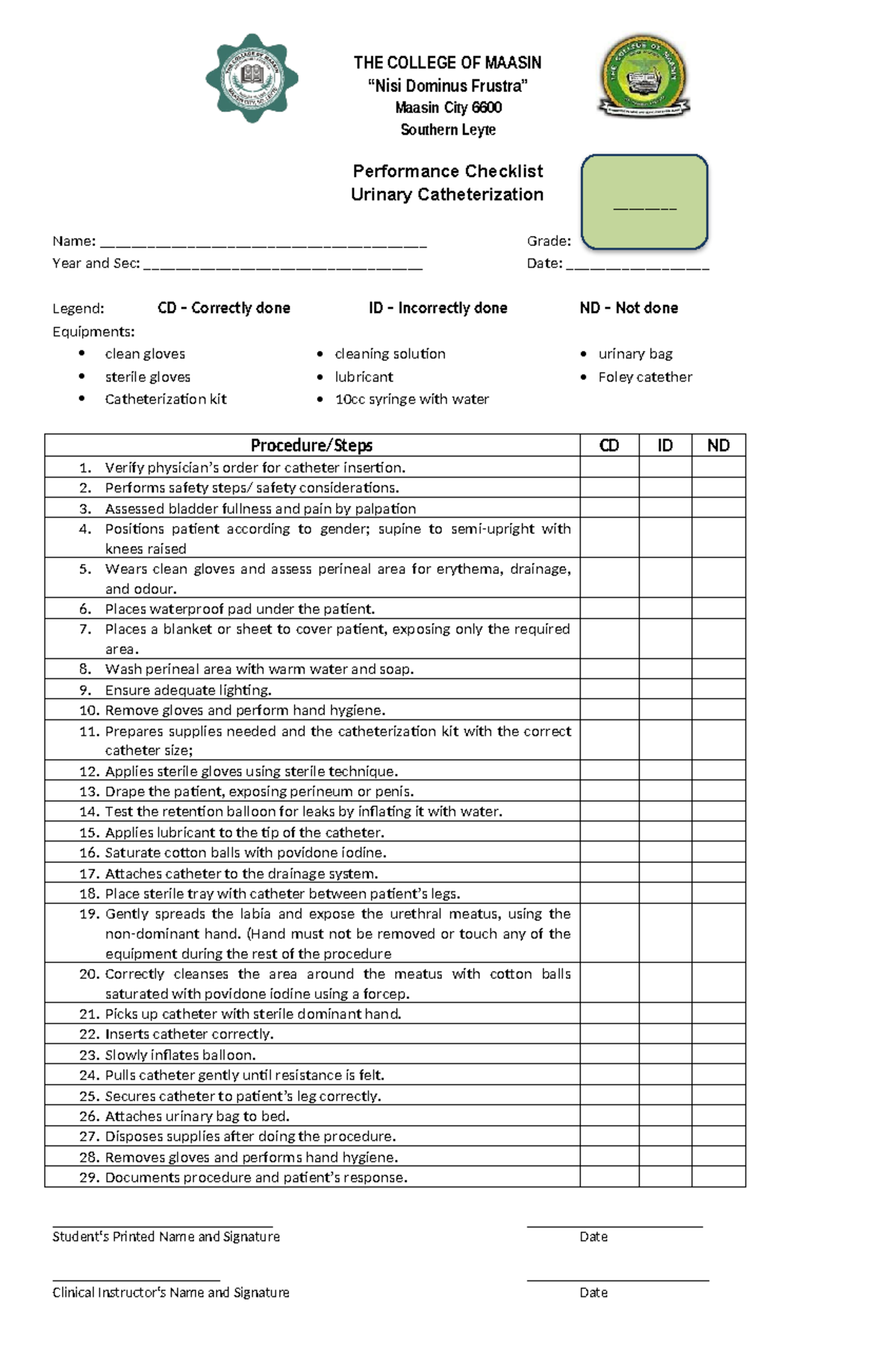 Performance Checklist for Urinary Catheterization - Studocu
