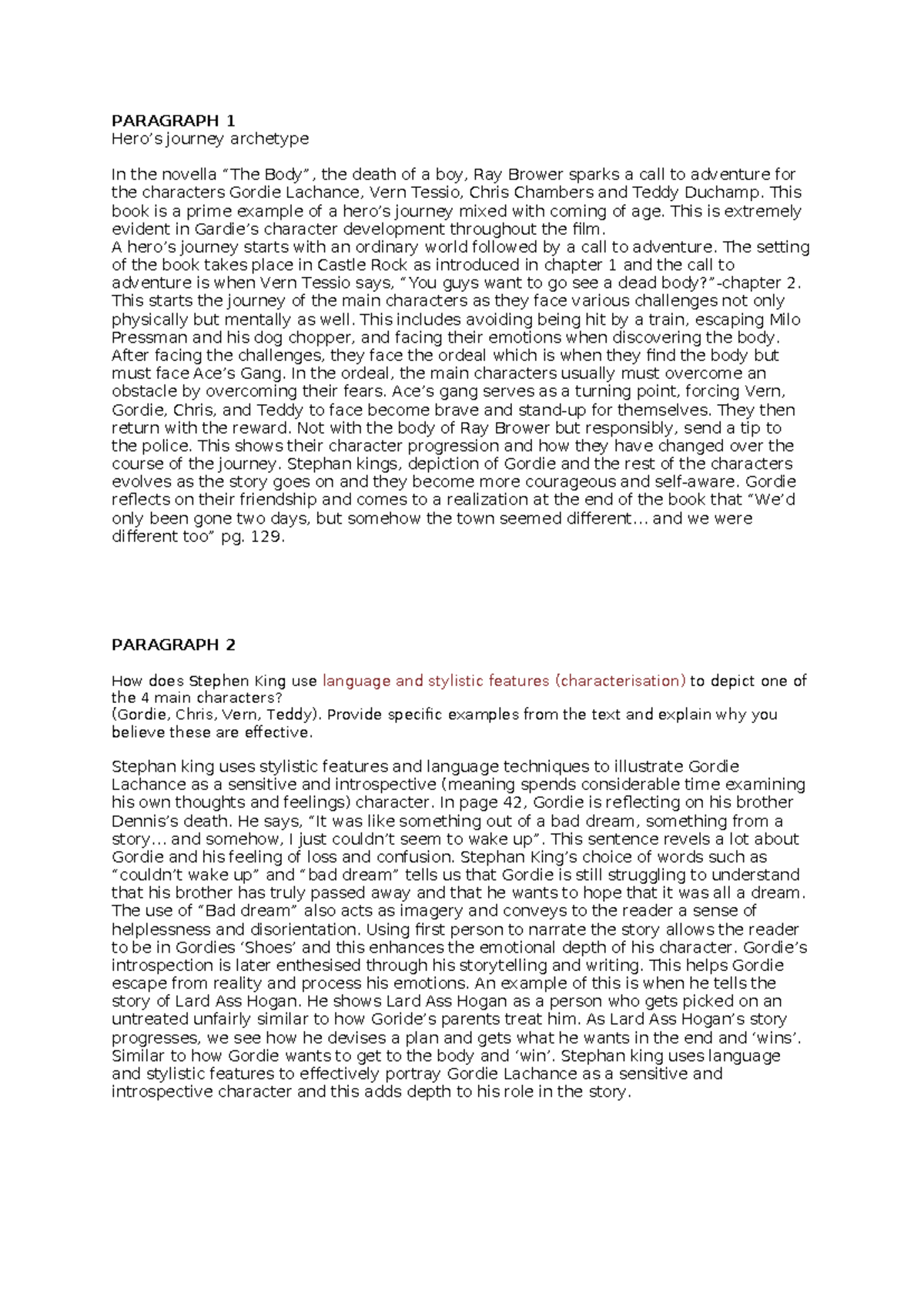 English Novel Study Final: Journey Archetype in "The Body" - Studocu