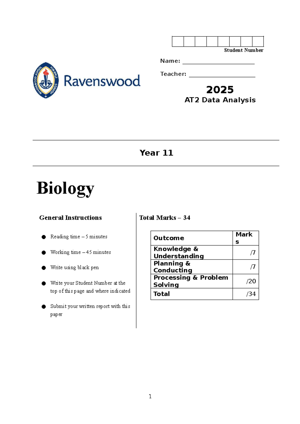 BIO AT2 Data Analysis Task: Year 11 Biology Assessment - Studocu