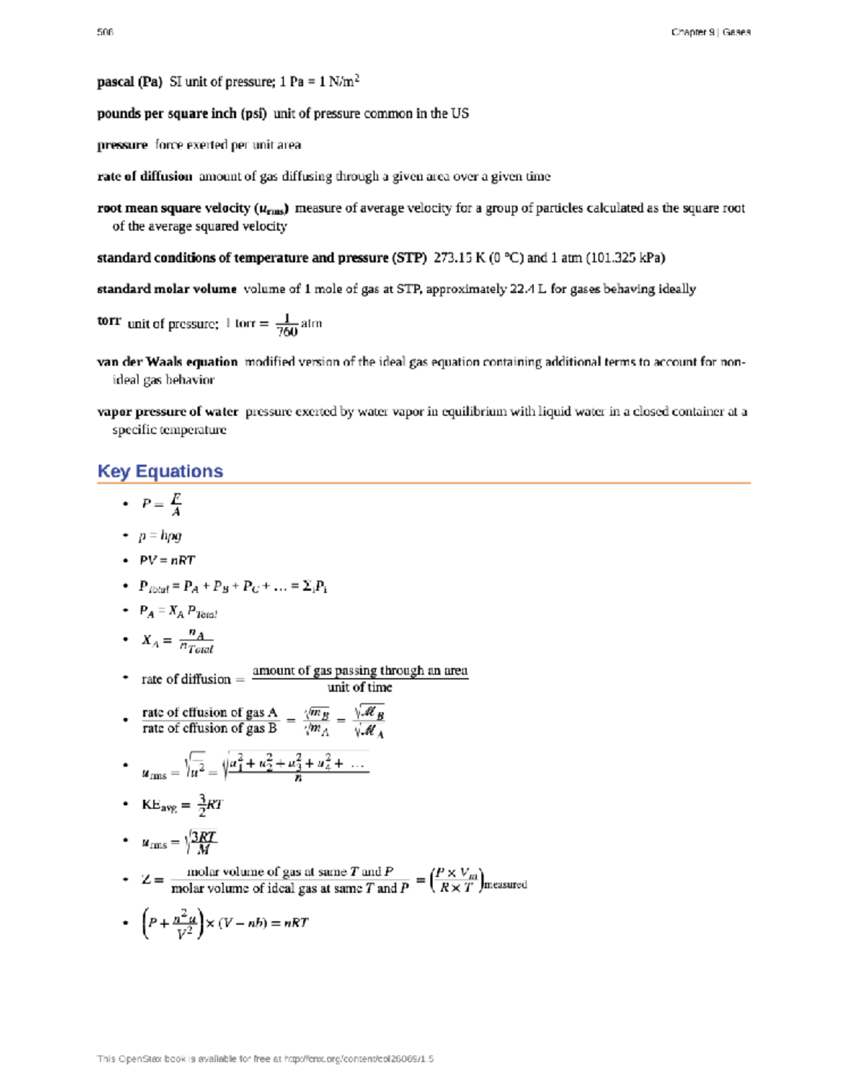 Key equations - summary - 508 Chapter 9 I Gases pascal (Pa) SI unit of ...