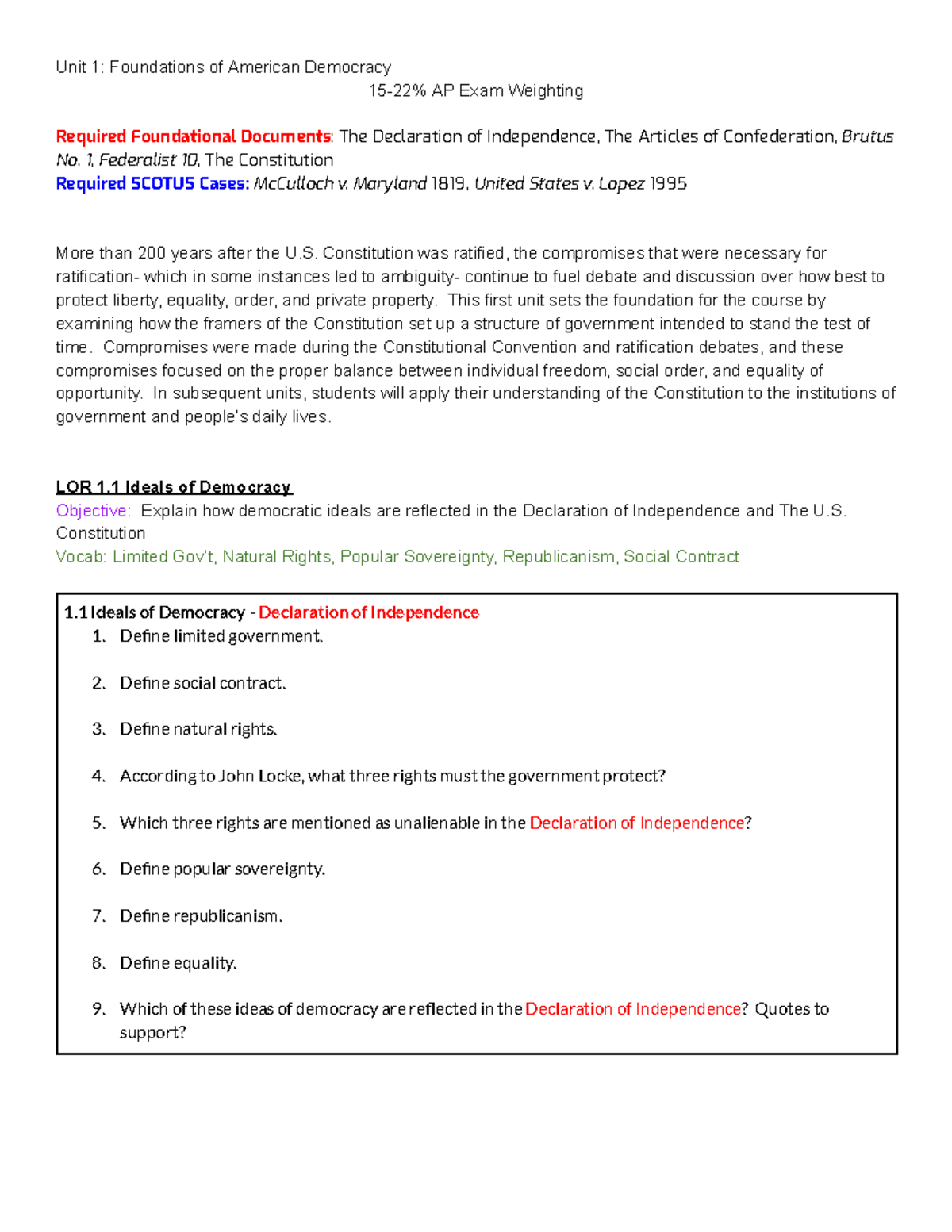 LOR 1: Foundations of American Democracy - Ideal Powers & Rights - Studocu