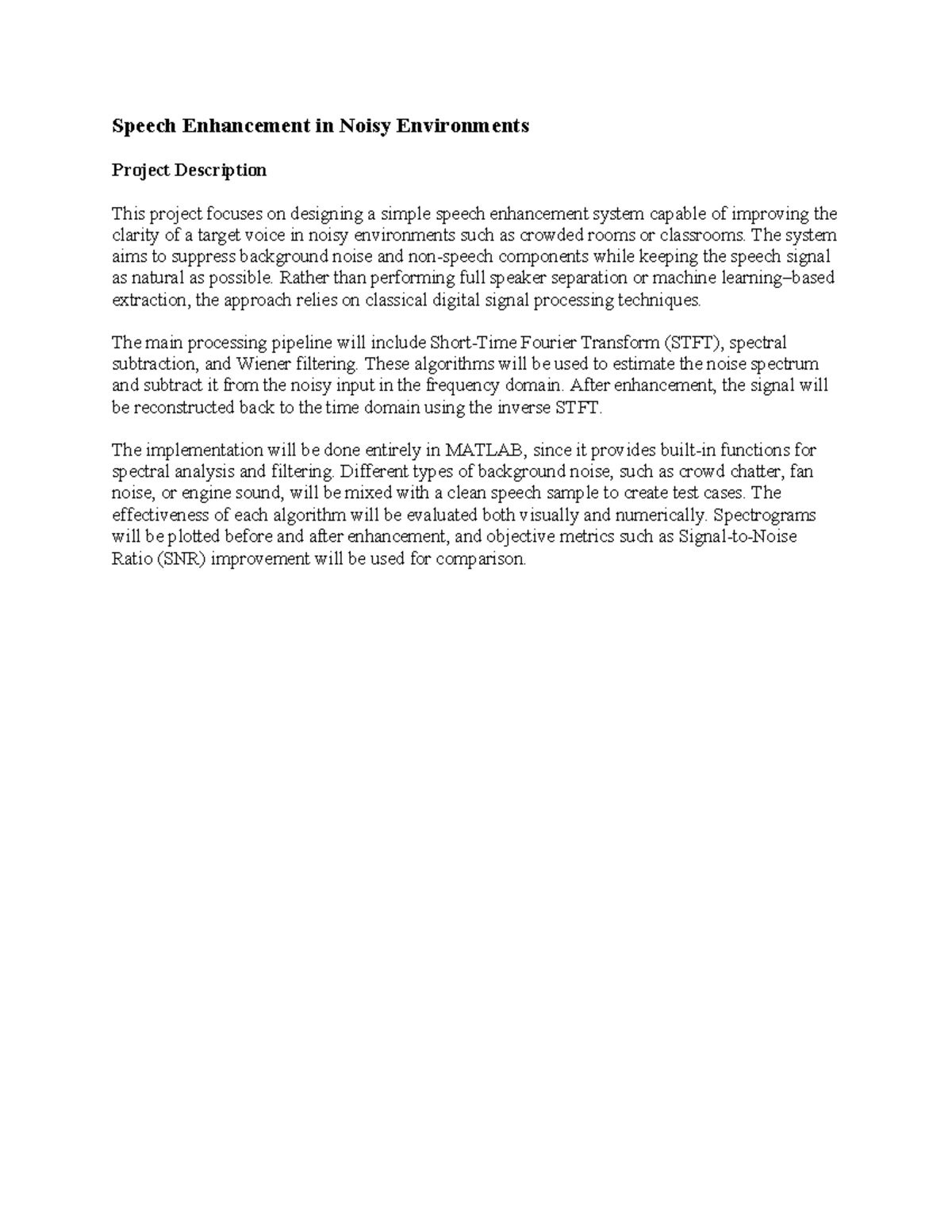 Speech Enhancement Project Proposal 22010 3051 - Studocu