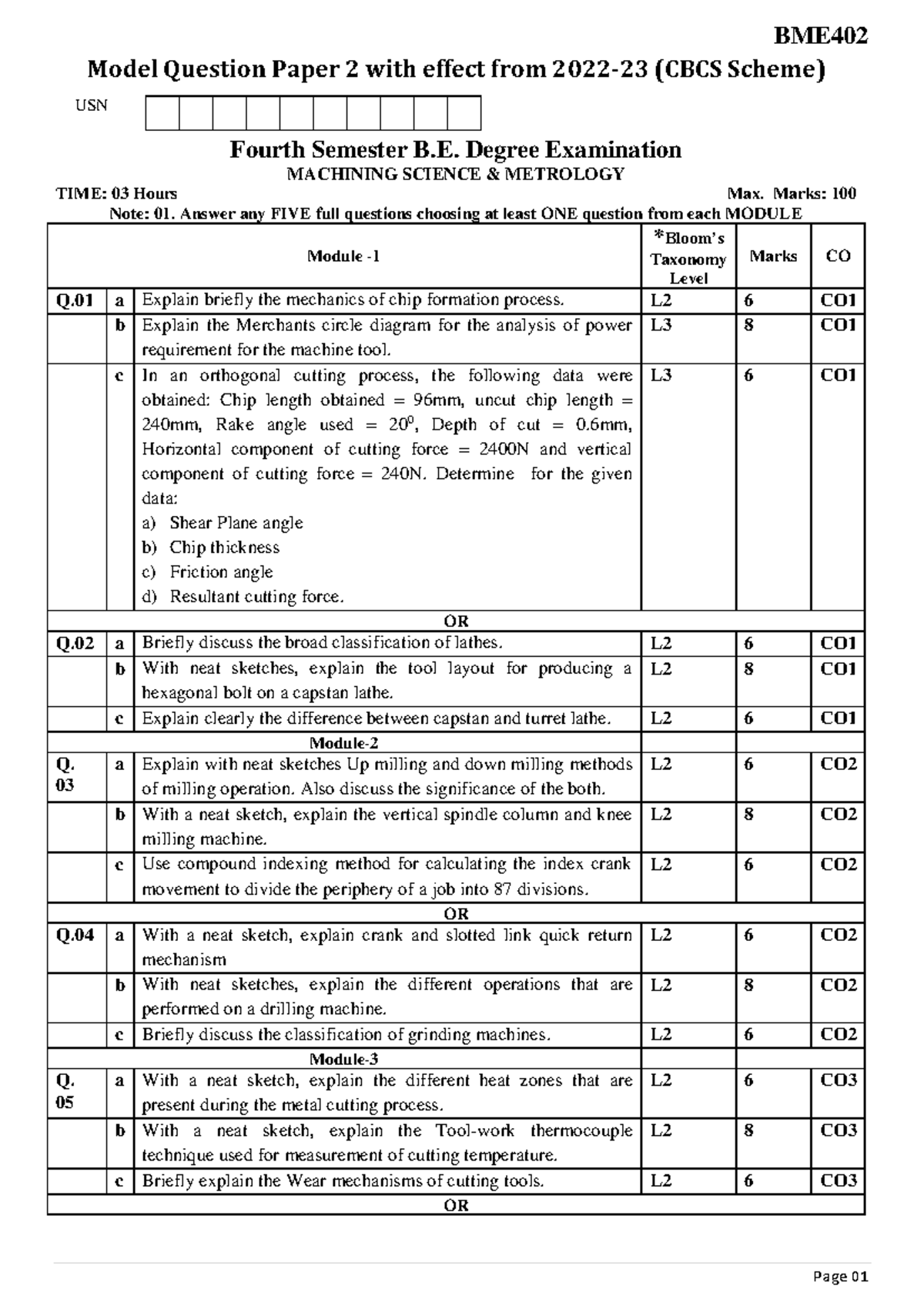 BME402 Machining Science Metrology Model Question Paper 2 - Studocu