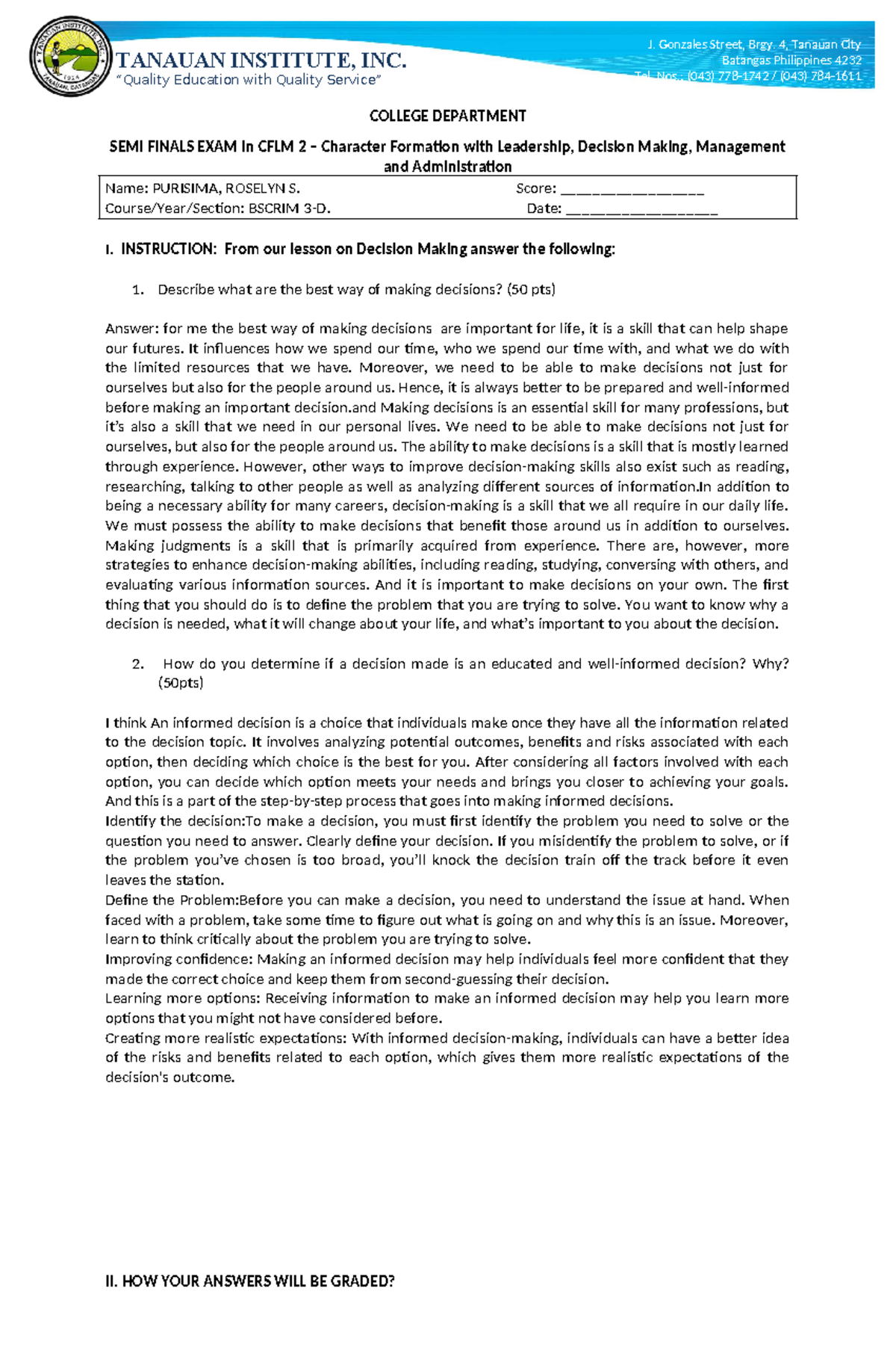 CFLM 2 Semi-Final Exam: Decision Making & Leadership Skills - Studocu