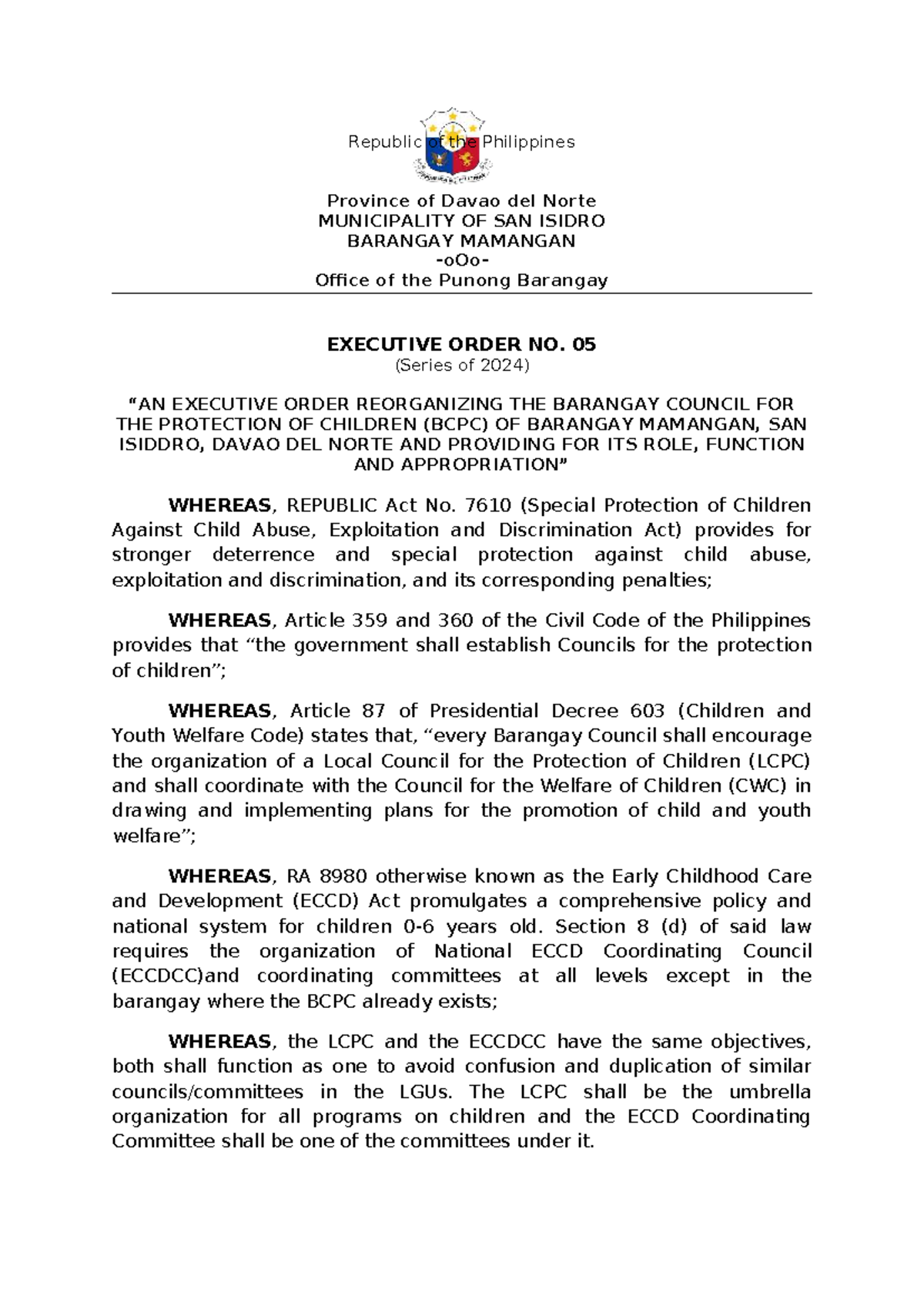 EO 05-2024: Reorganizing the Barangay Council for Child Protection ...