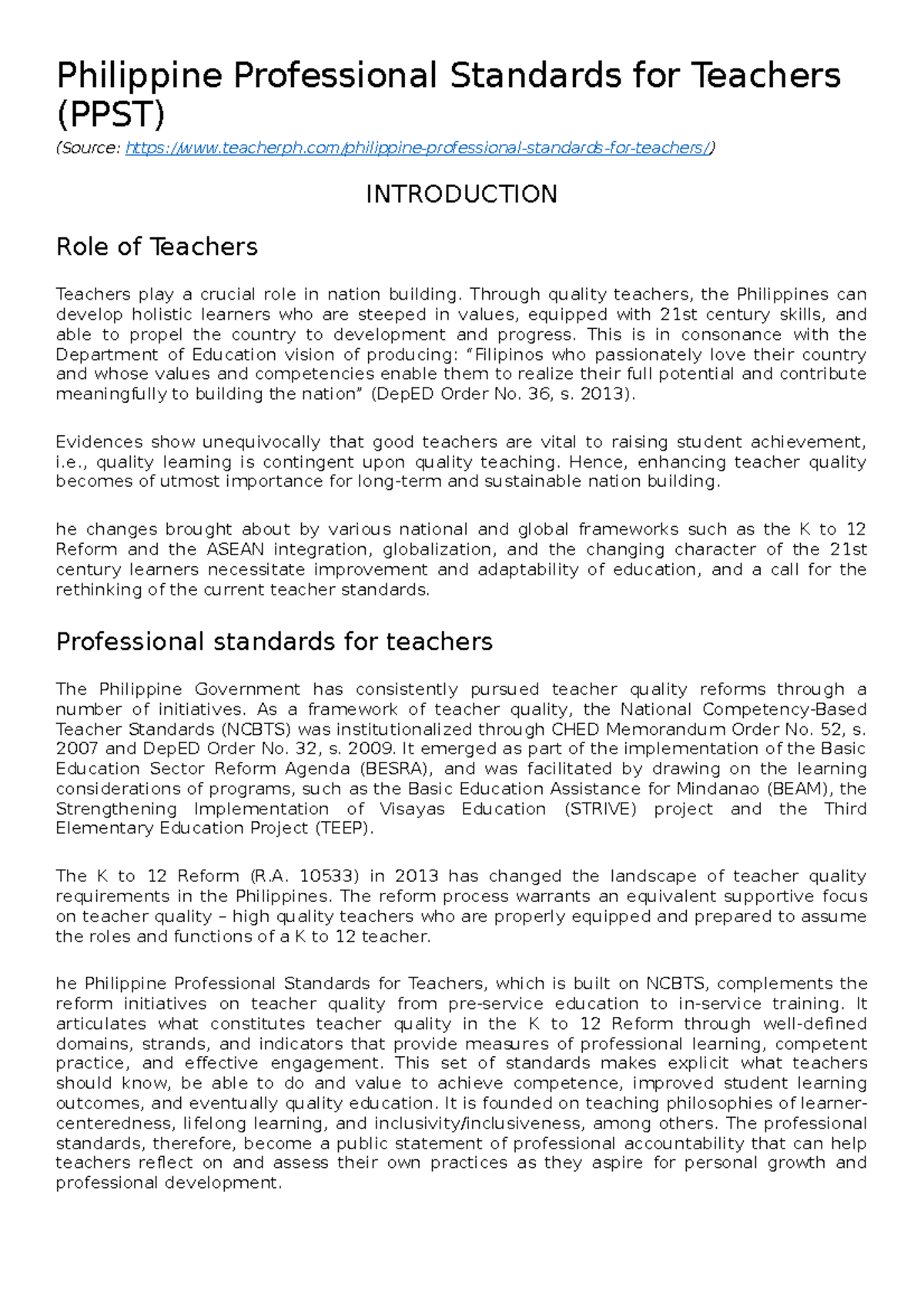 Philippine Professional Standards for Teachers (PPST): A Framework for ...
