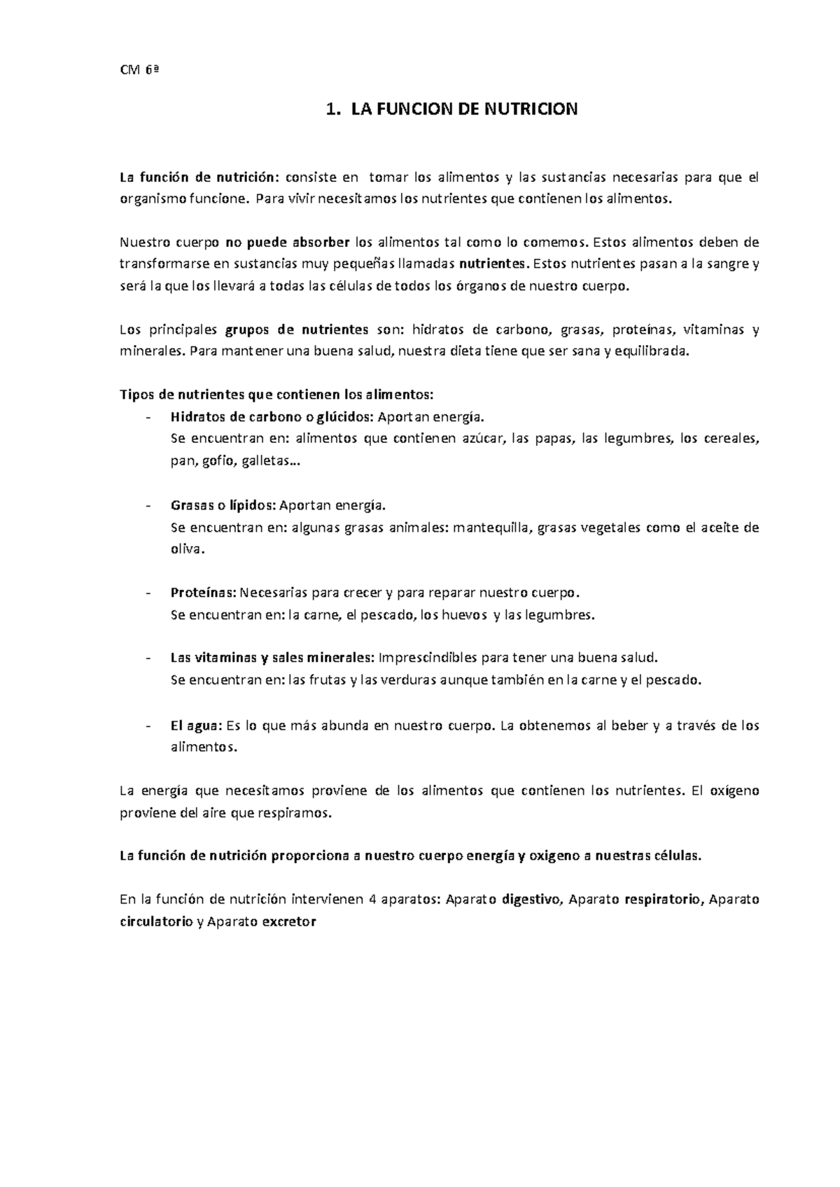 CM 6ª 1. Apuntes sobre la Función de Nutrición y Sistemas del Cuerpo ...