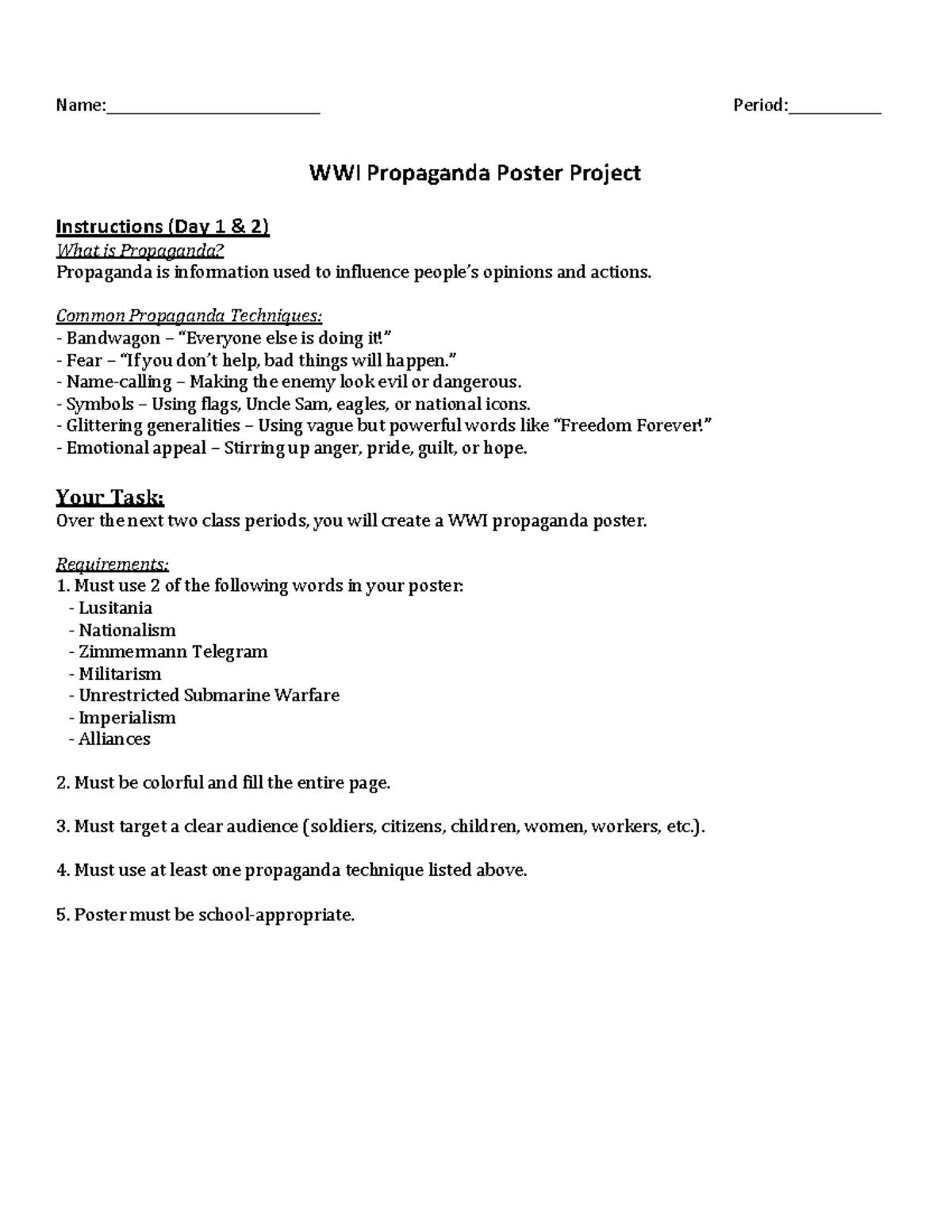 WWI Propaganda Poster Project Instructions (Day 1 & 2) - Studocu